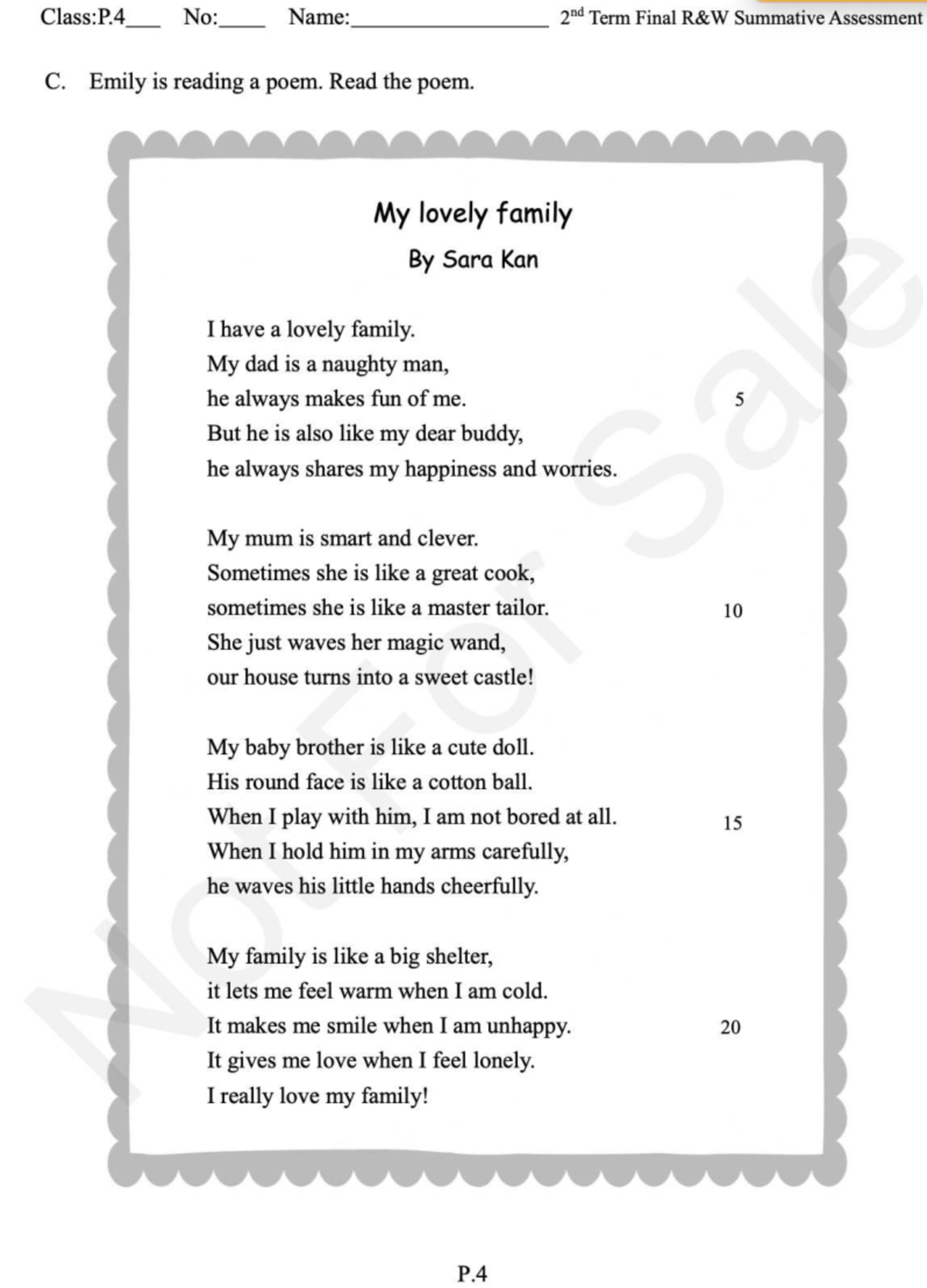 P.4 2ⁿᵈ Term Final Summative Assessment: Family Poem Comprehension ...