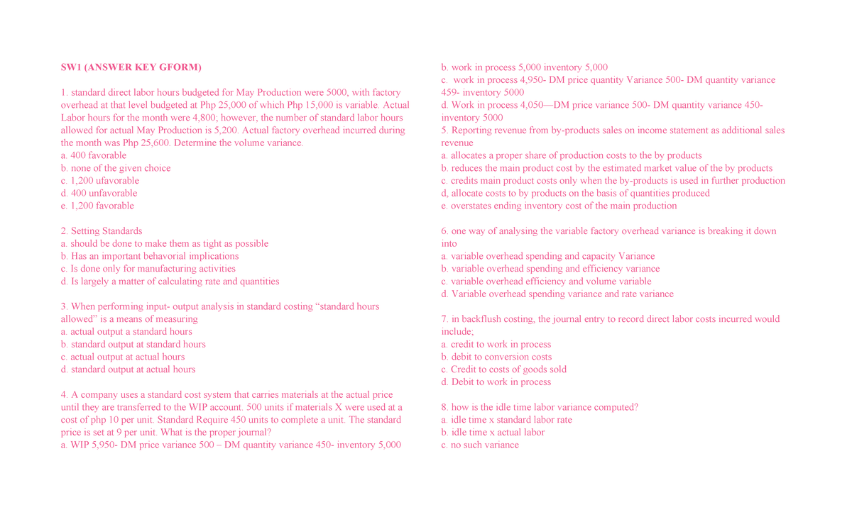 SW1 Final Exam: Standard Costing and Variance Analysis - Studocu