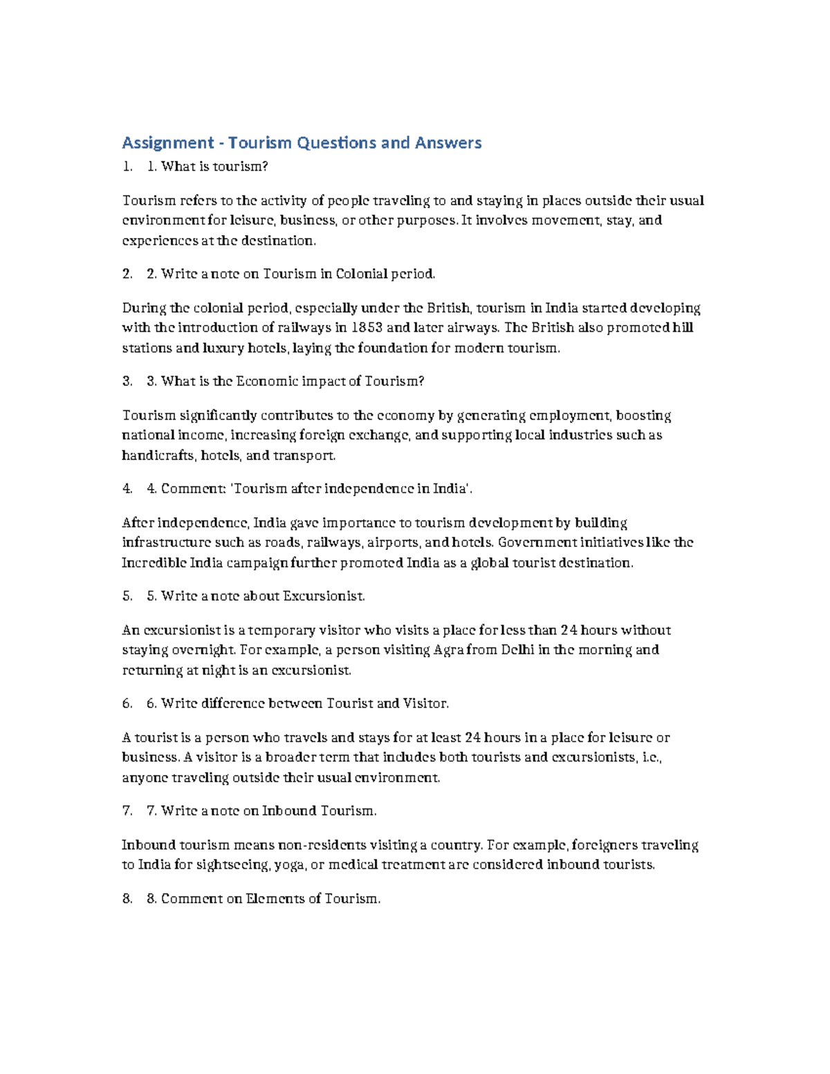 Tourism Assignment: Key Concepts and Insights - Studocu