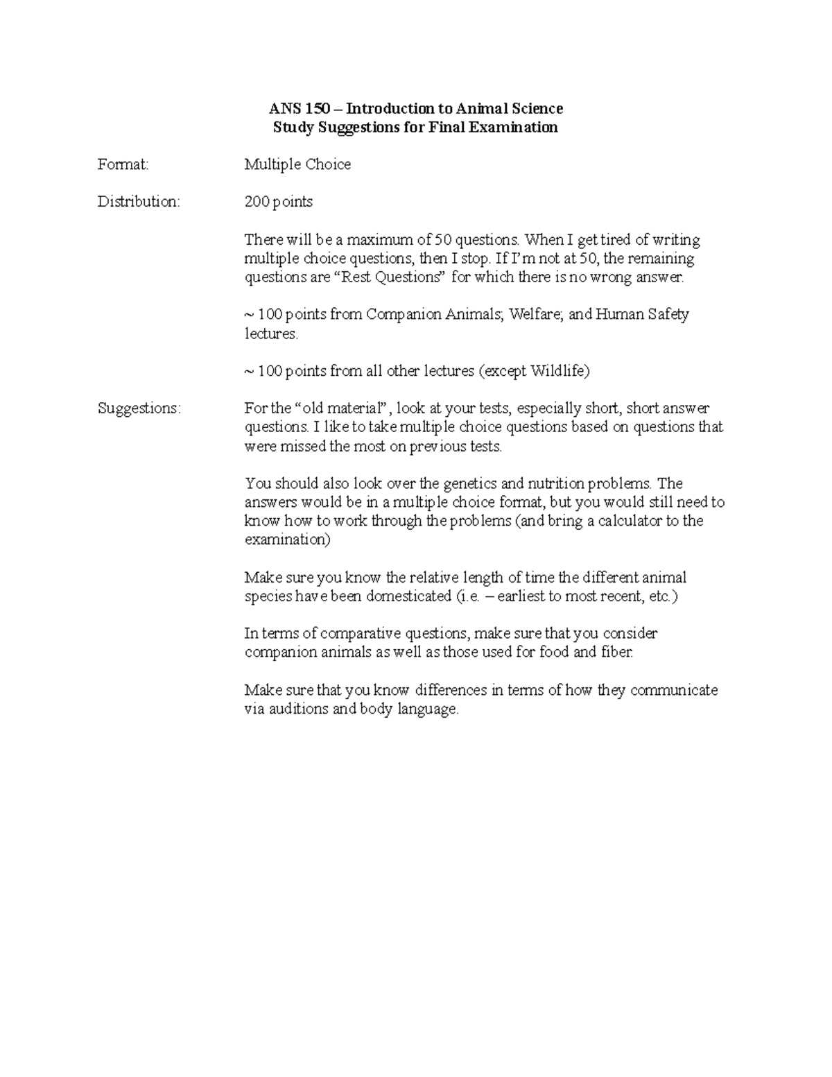 ANS 150 Final Exam Study Hints for Animal Science - Studocu
