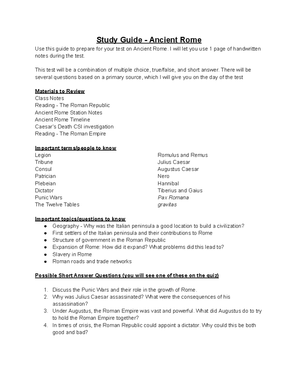 Study Guide for Ancient Rome Test (Key Terms & Topics) - Studocu