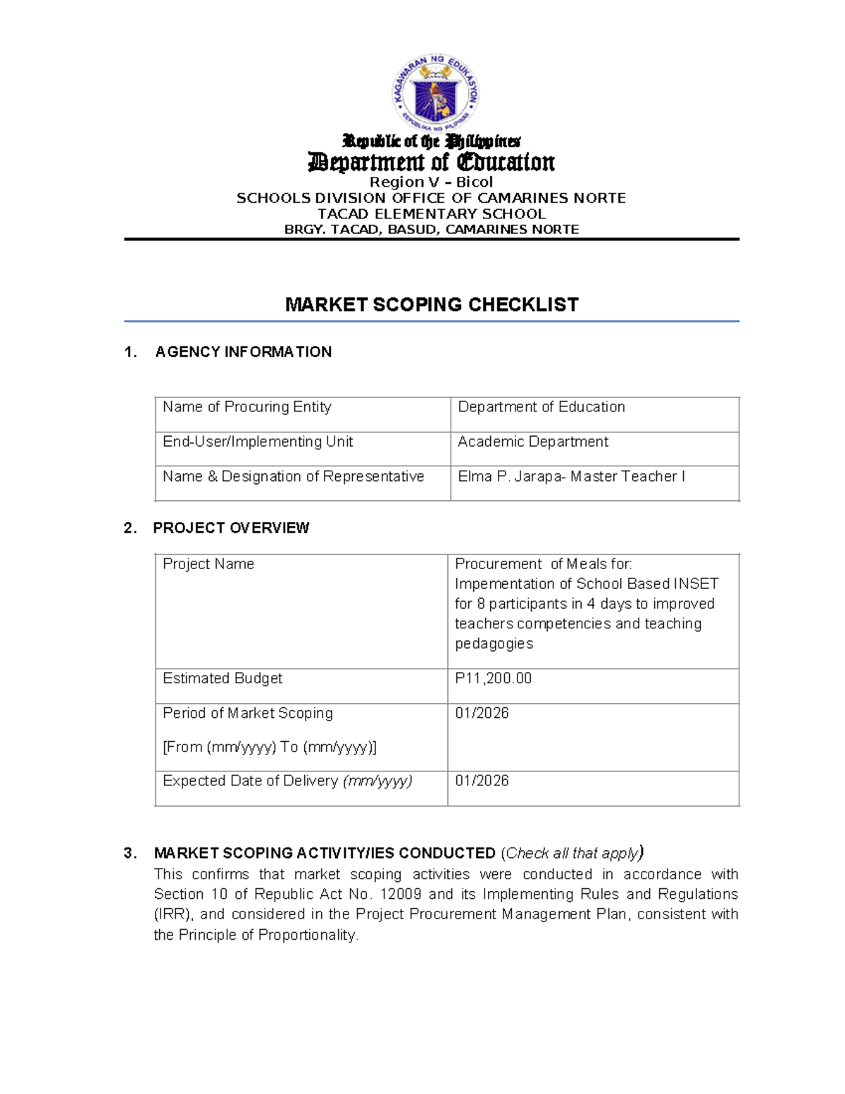 Market Scoping Checklist for Procurement of Meals - DepEd INSET - Studocu