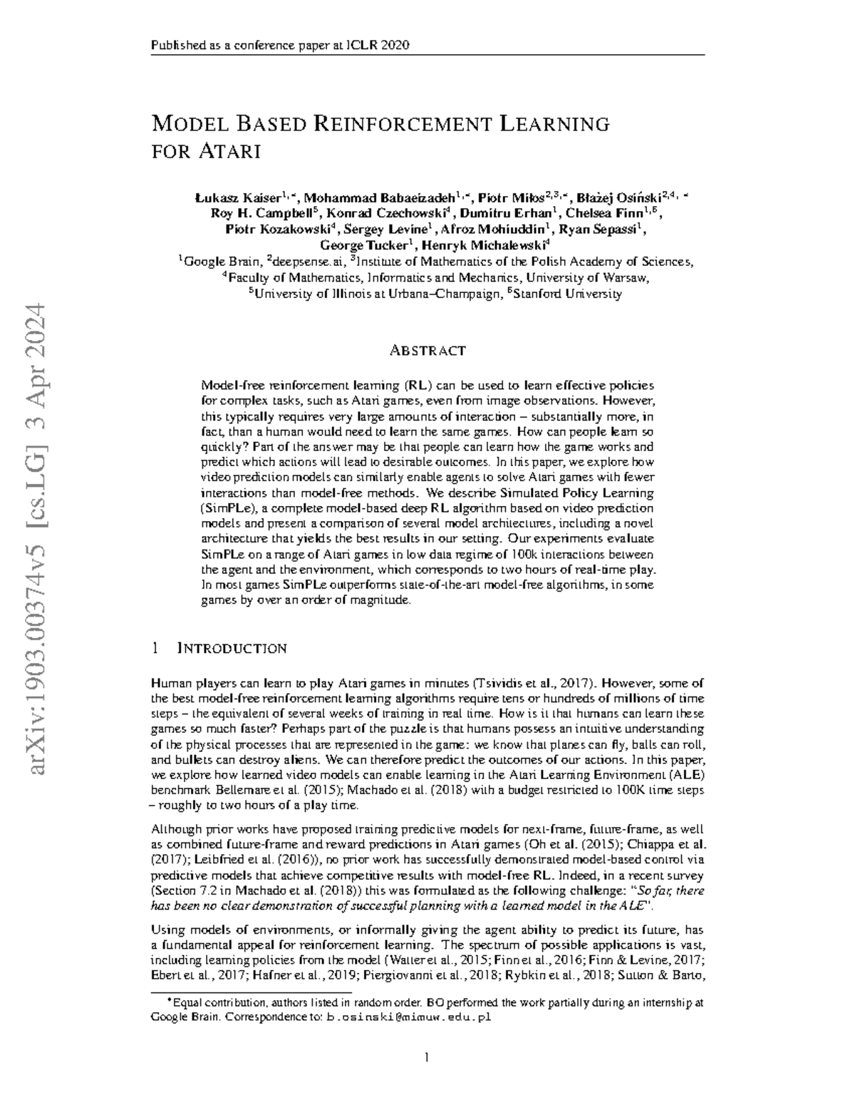 Model-Based Reinforcement Learning for Atari Games (ICLR 2020) - Studocu