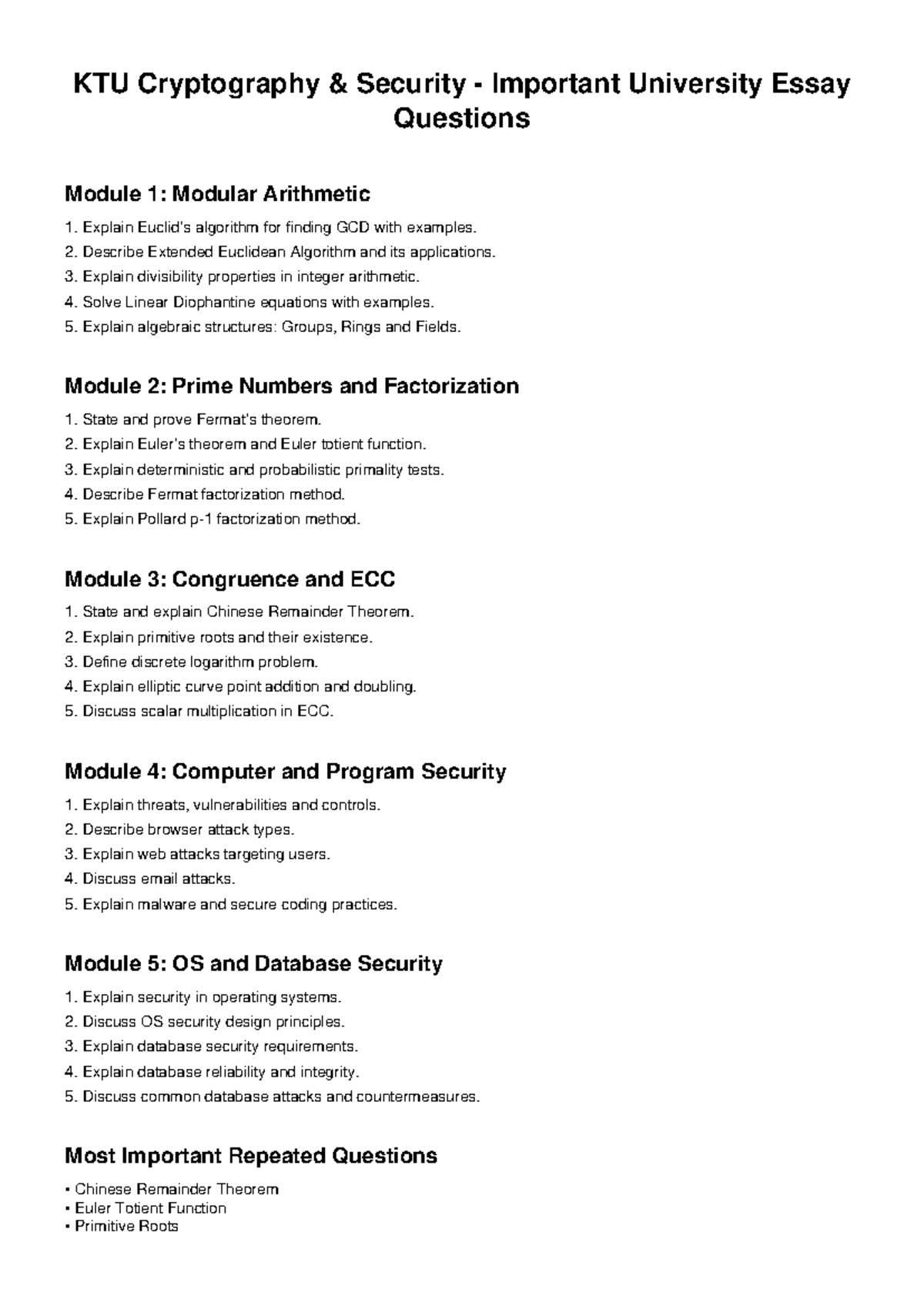 KTU Cryptography Security Important Essay Questions - Modules 1-5 - Studocu