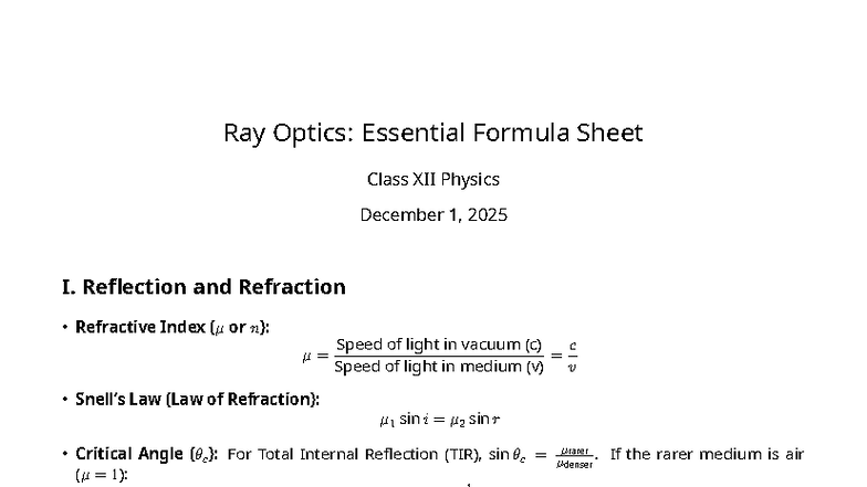 Ray Optics Formula Sheet for Class XII Physics - Essential Concepts ...
