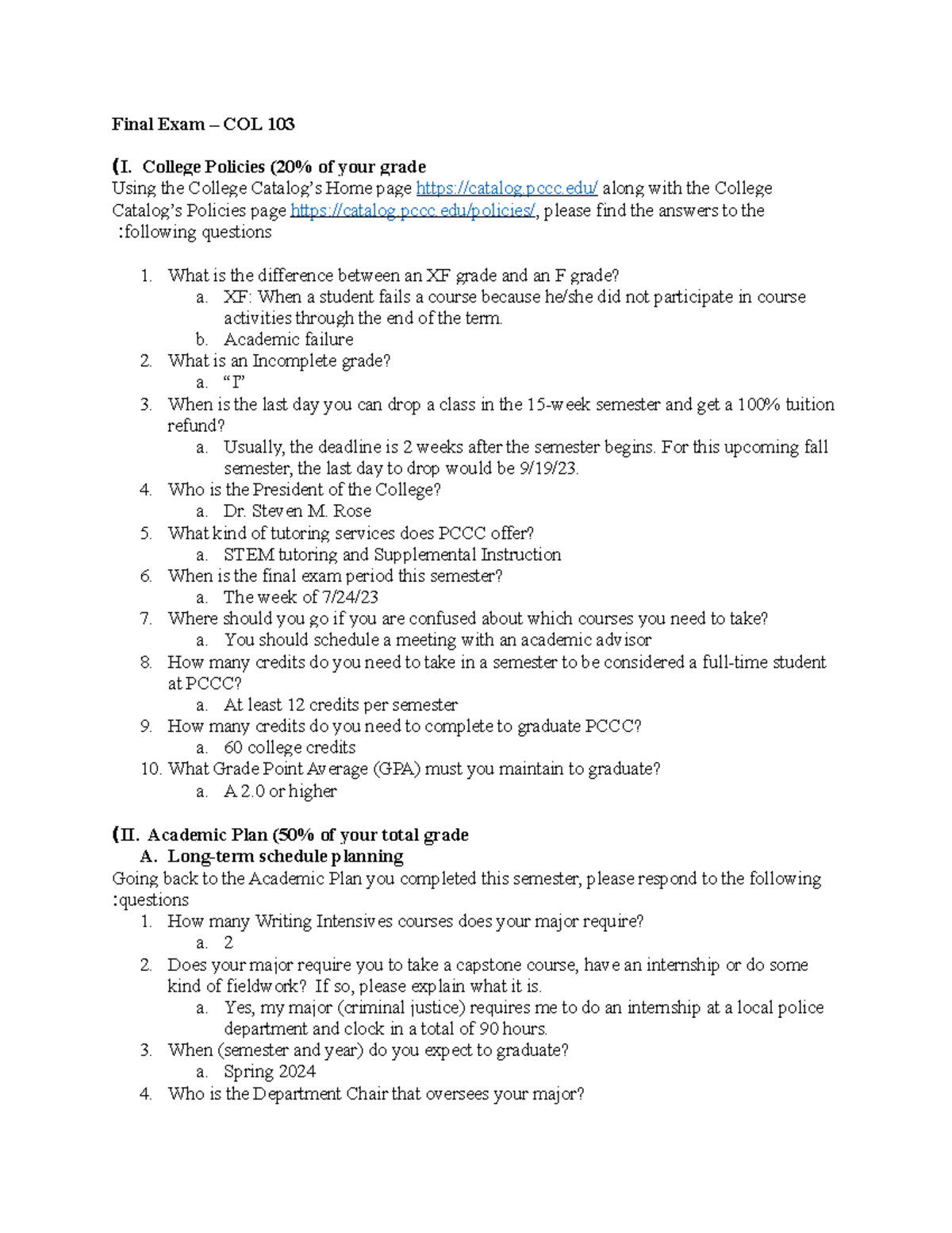 Final Exam College Success,rev - Final Exam – COL 103 ( I. College Policies (20% of your grade ...