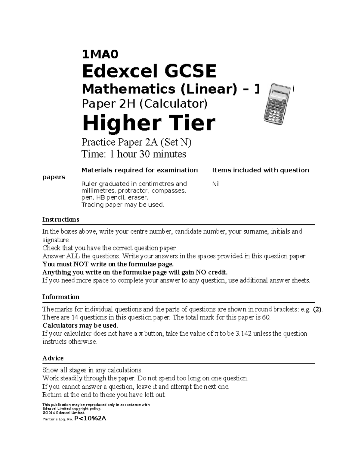1MA0 Edexcel GCSE Mathematics Higher Tier Practice Paper 2A (Set N ...