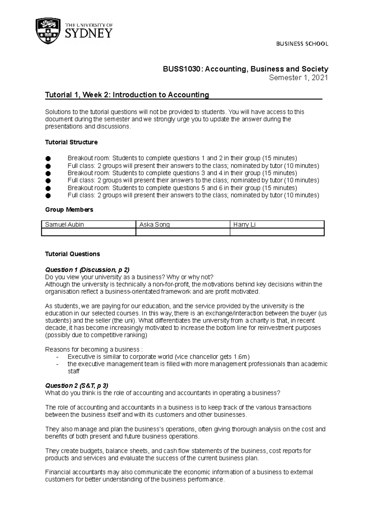 Group 6 - BUSINESS SCHOOL BUSS1030: Accounting, Business and Society ...
