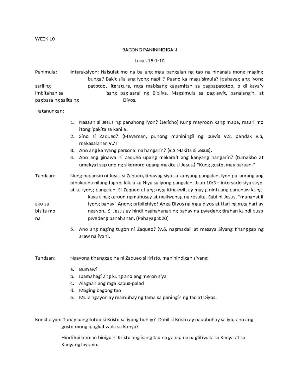 WEEK 10 - Christian Living - WEEK 10 BAGONG PANININDIGAN Lucas 19:1 ...