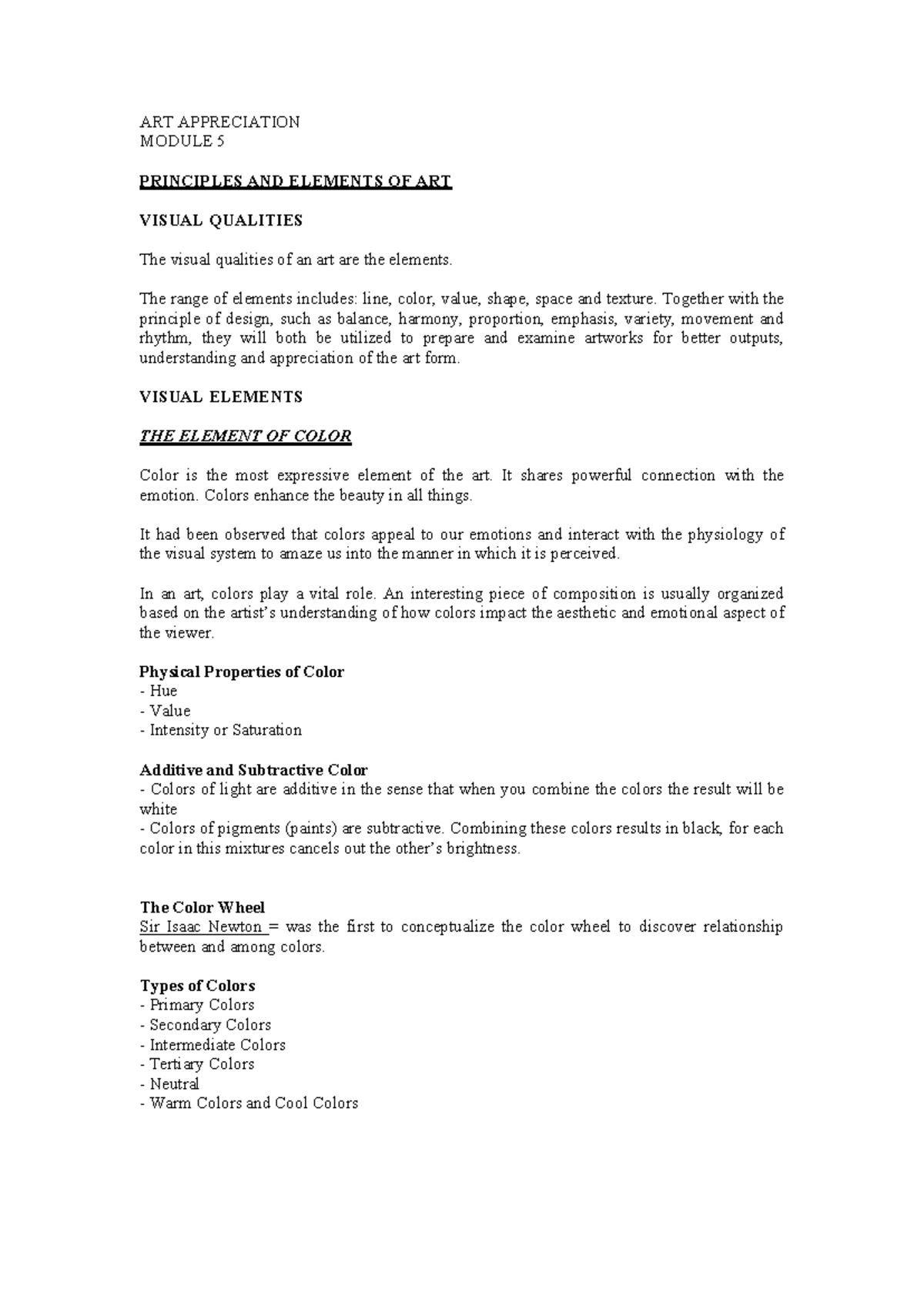 Reviewer art app, - ART APPRECIATION MODULE 5 PRINCIPLES AND ELEMENTS ...