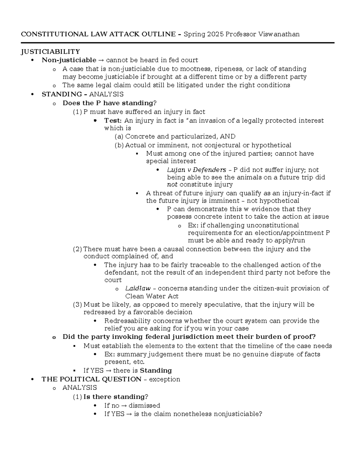 Constitutional Law Attack Outline (Spring 2025) - Justiciability ...