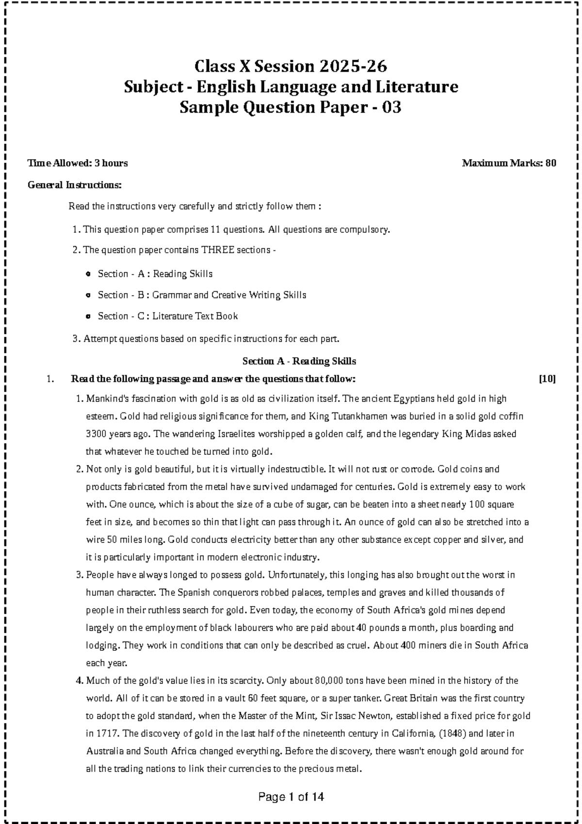 Class X English Language & Literature Sample Question Paper 03 - Studocu