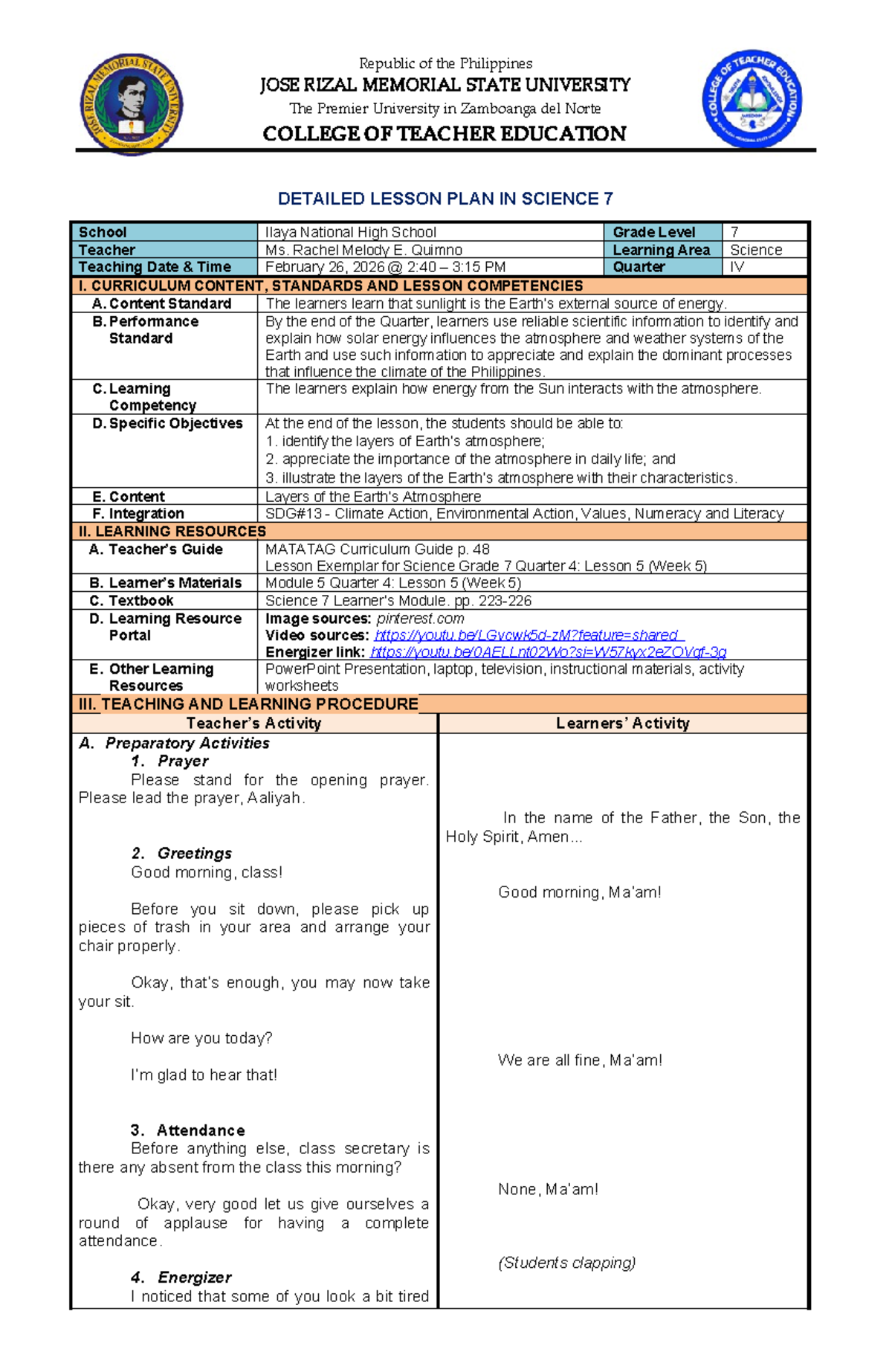 Final Lesson Plan: Layers of the Atmosphere (Science 7) - Studocu