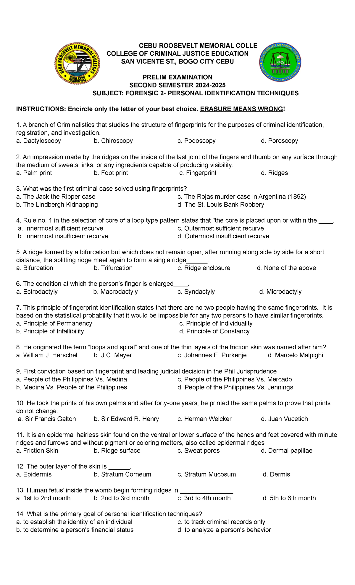 Forensic 02 - Prelim Exam on Personal Identification Techniques - Studocu