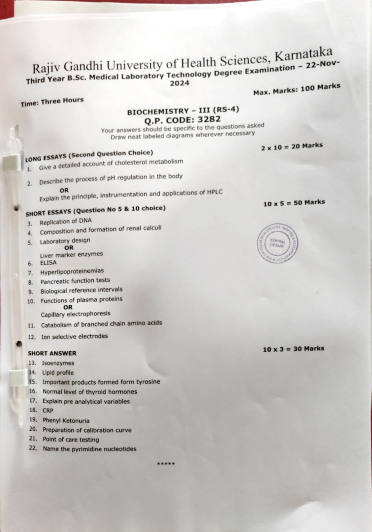 III B.Sc MLT Biochemistry Exam Paper - 2024 (Q.P. 3282, 3159) - Studocu