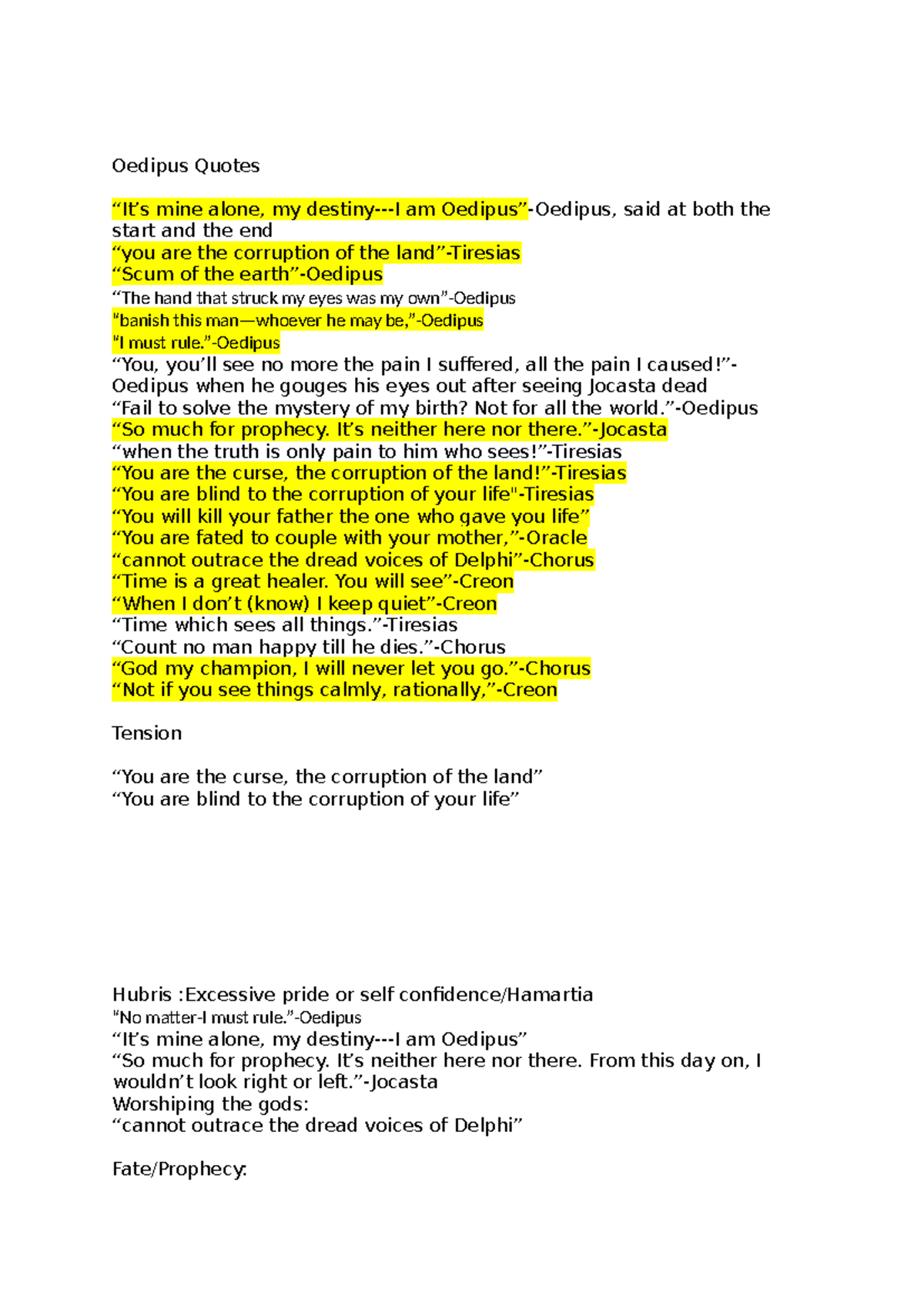 Oedipus Quotes: Analyzing Fate, Prophecy, and Hubris in Tragedy - Studocu