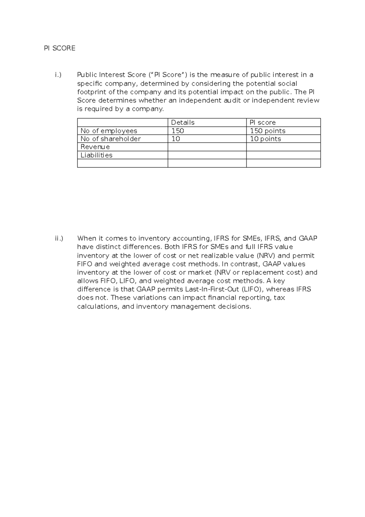 Calculation of PI Score: Public Interest & Inventory Accounting - Studocu