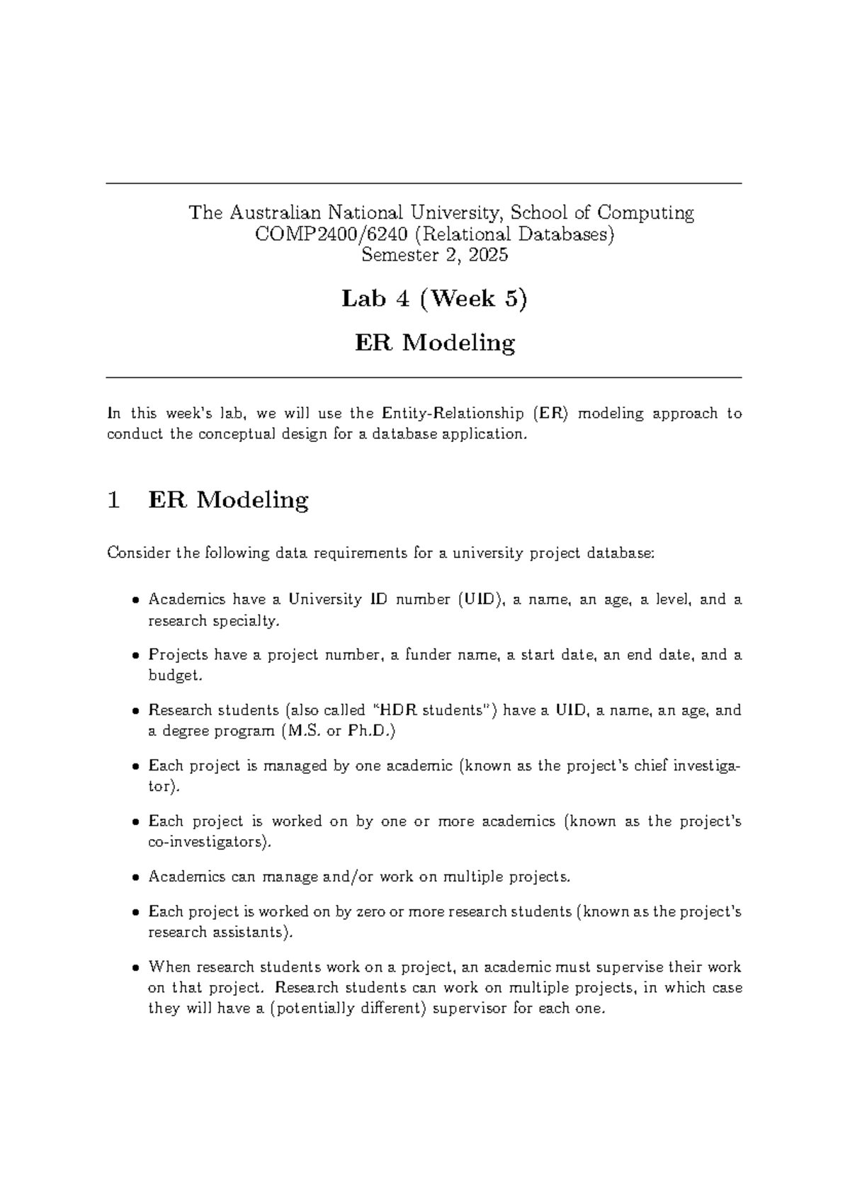 Lab 4 (Week 5) ER Modeling Exercise - ANU COMP Semester 2, 2025 - Studocu
