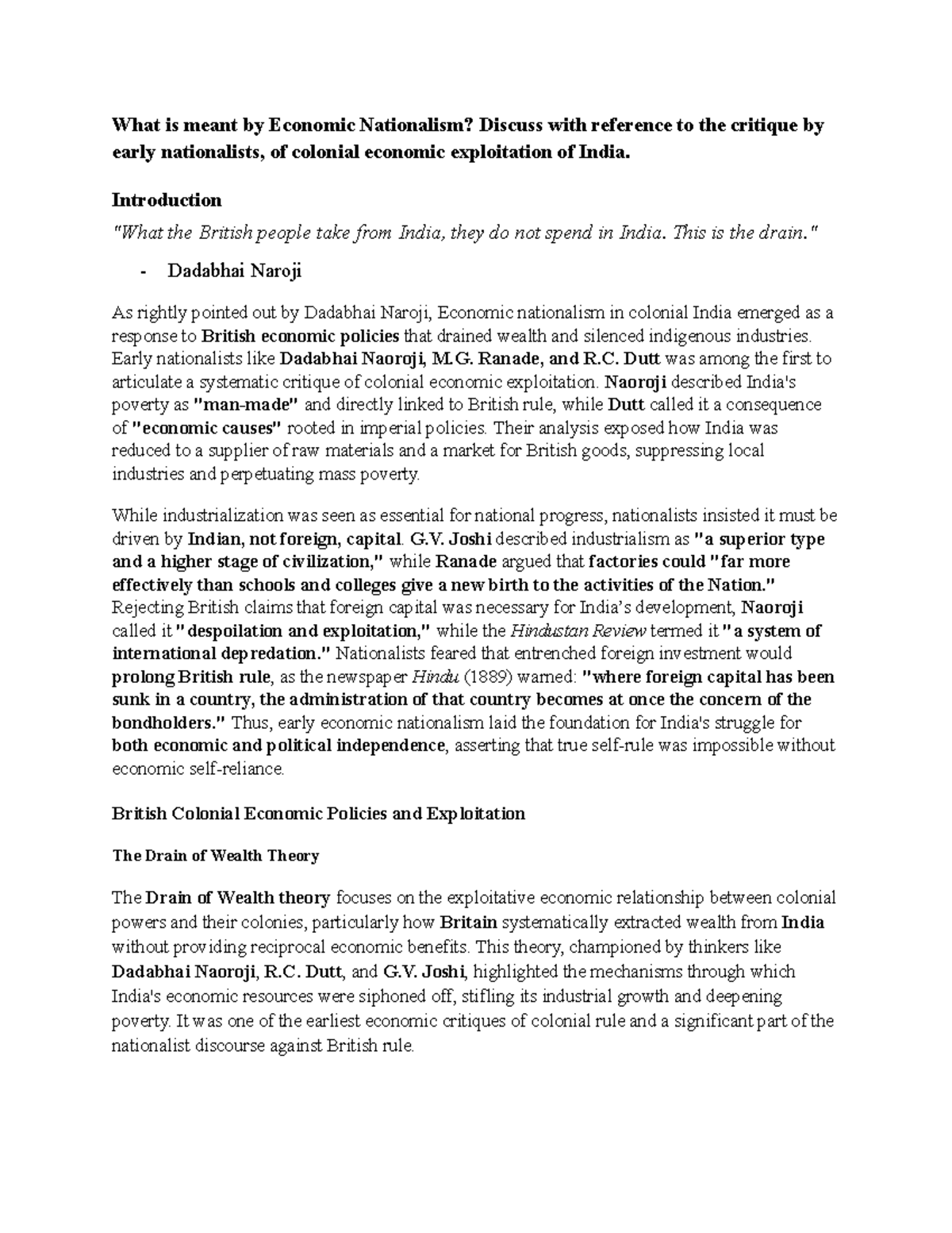 Economic Nationalism in Colonial India: Critiques and Impacts (NAT-2 ...