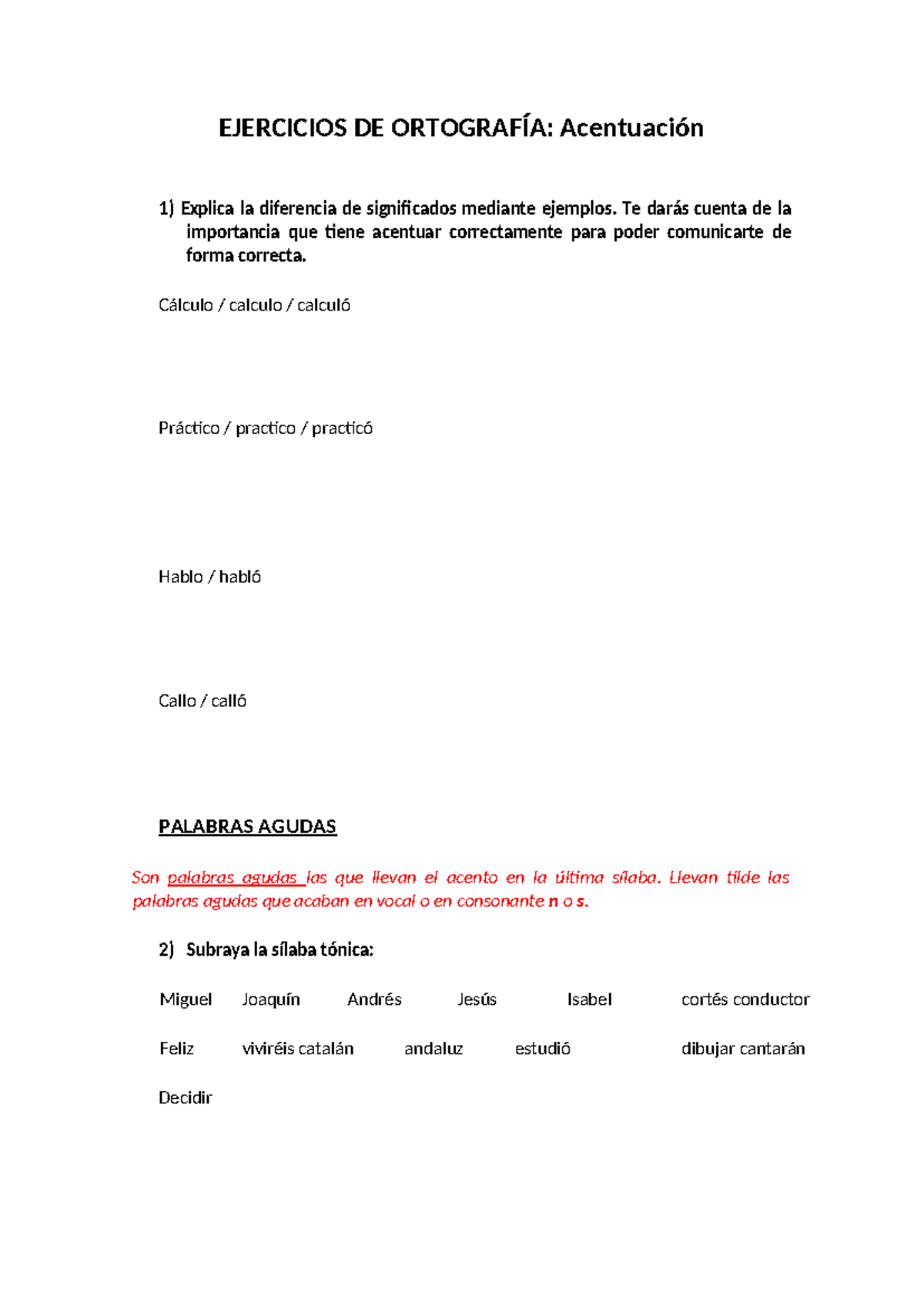 Ejercicios de Ortografía: Acentuación y Tildes en Palabras - Studocu