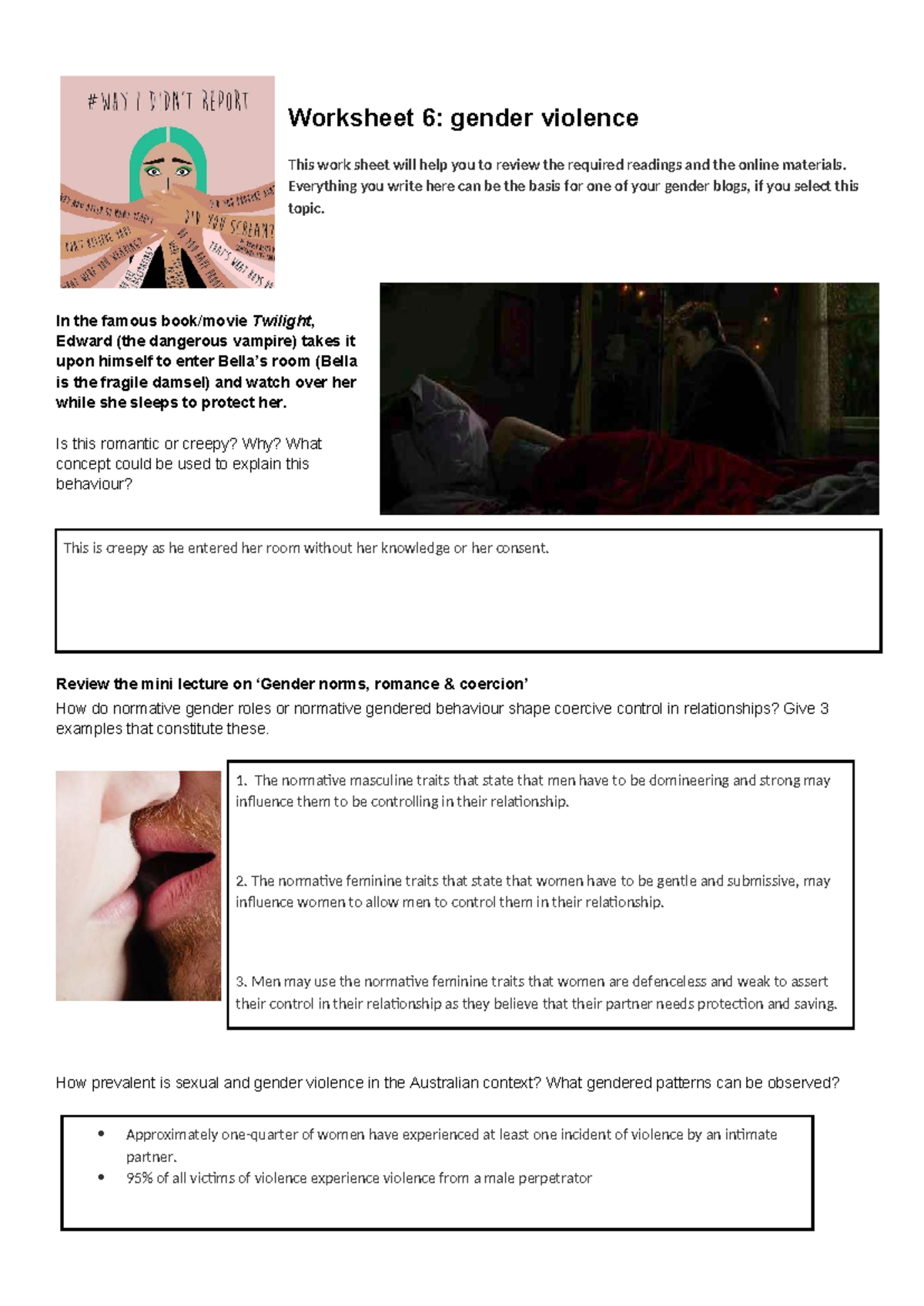 Worksheet 6: Gender Violence Analysis and Reflection - Studocu