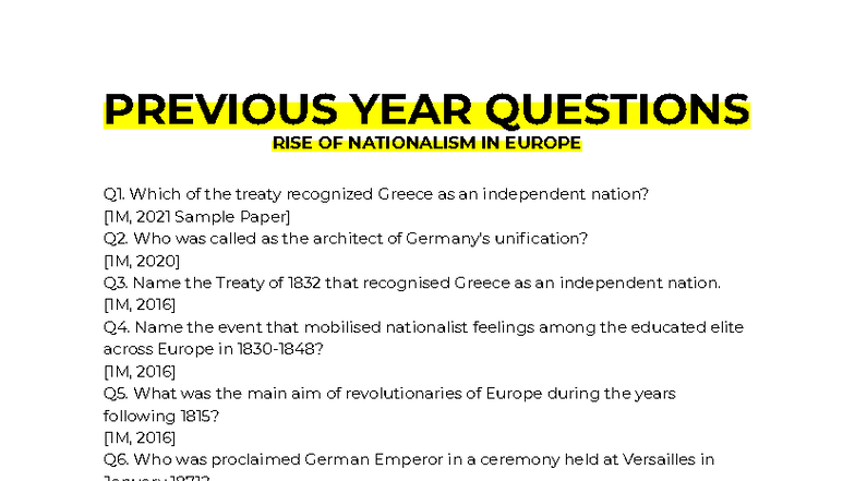 Rise of Nationalism in Europe: Previous Year Questions (PYQs) - Studocu