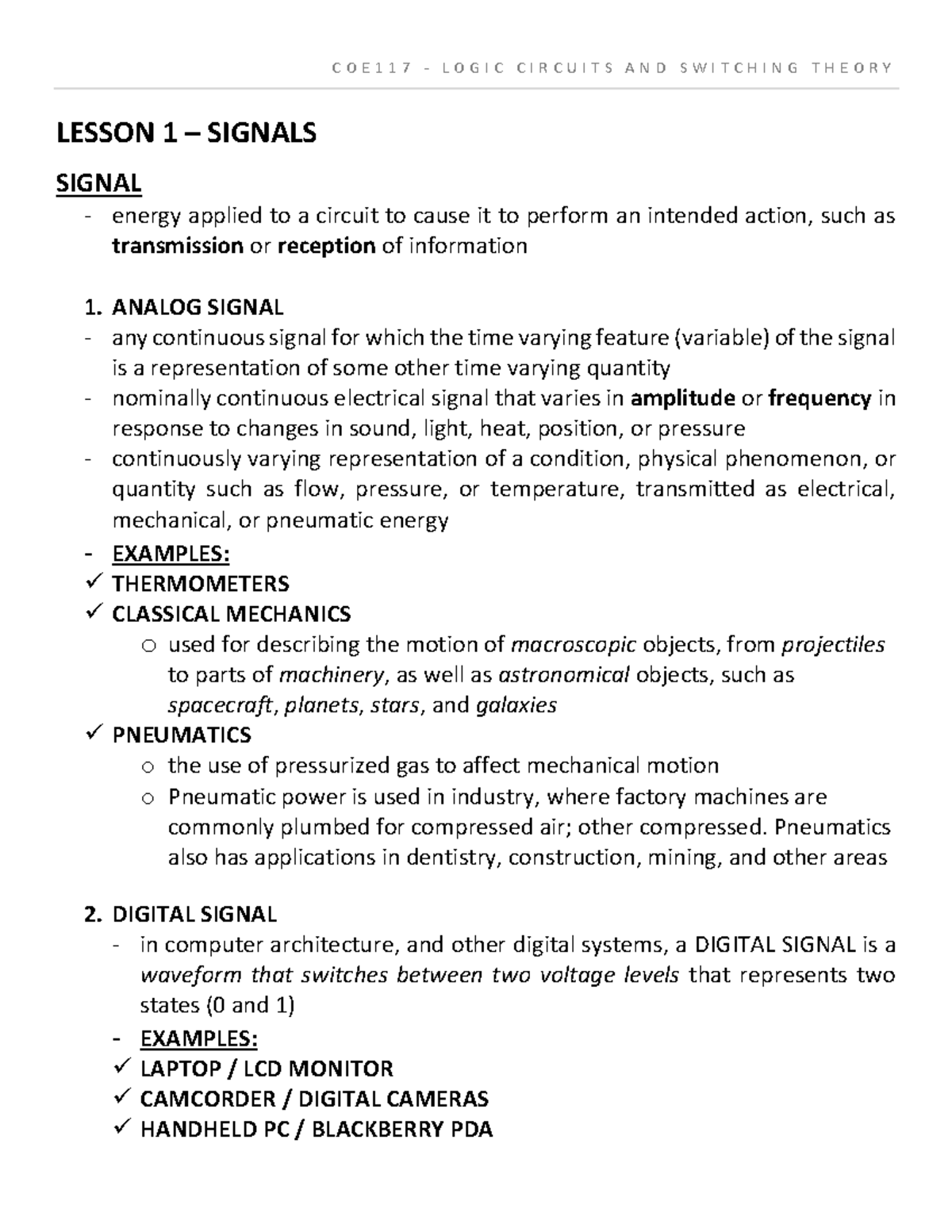 COE117 LOGIC CIRCUITS AND SWITCHING THEORY LESSON 1: SIGNALS AND ...