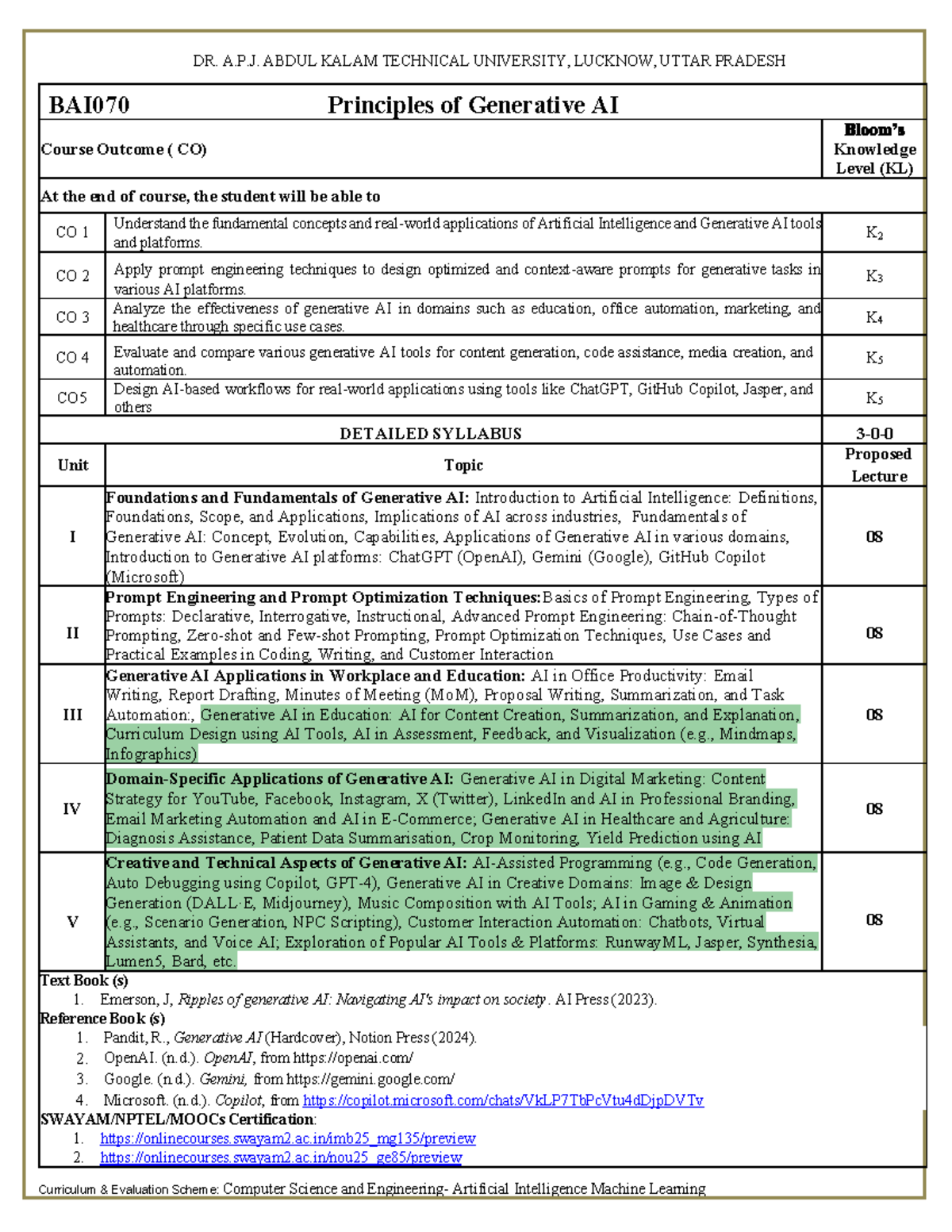 BAI070 Generative AI Course Syllabus and Outcomes - Studocu
