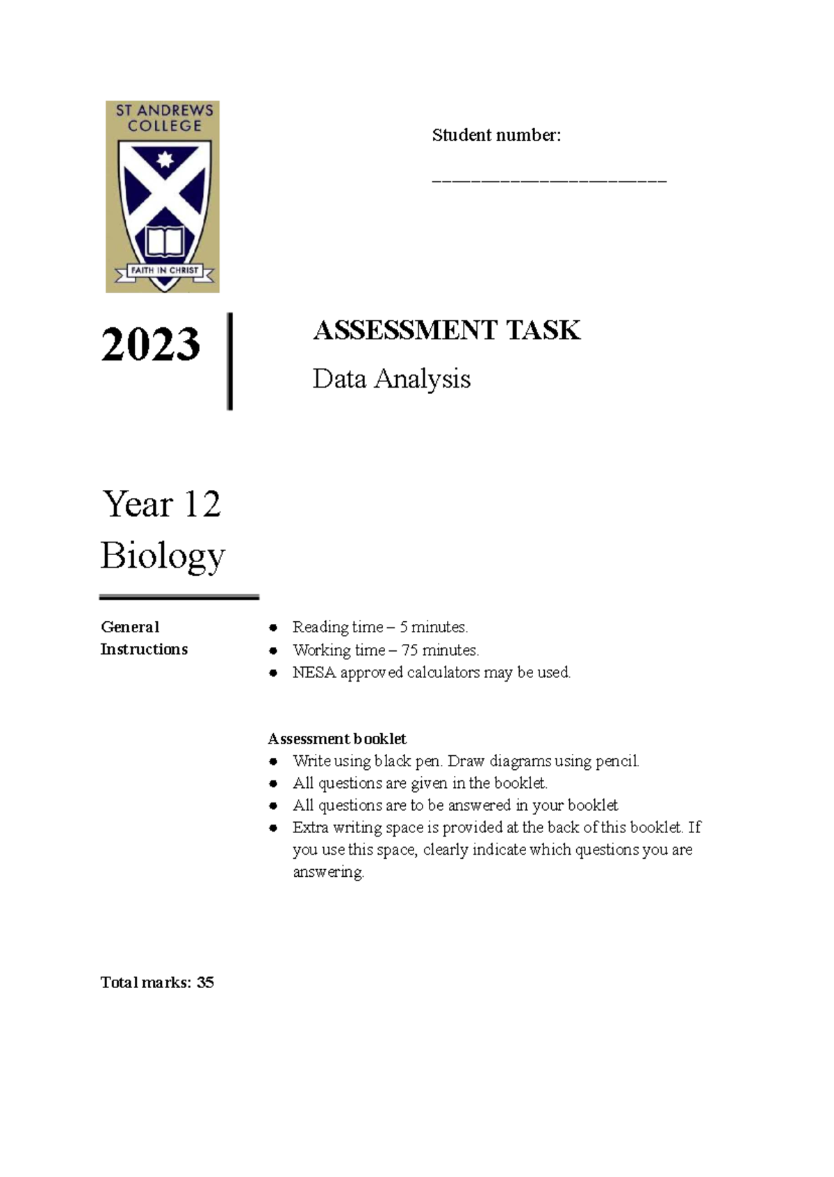 Data Analysis Task 2023: Year 12 Biology Assessment - Studocu