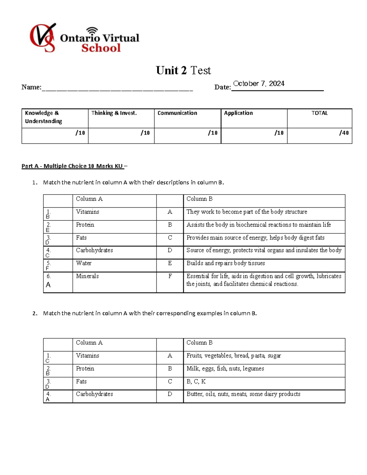 1712175224-HFA4U Unit Test 2 - Nutrition Knowledge Assessment - Studocu