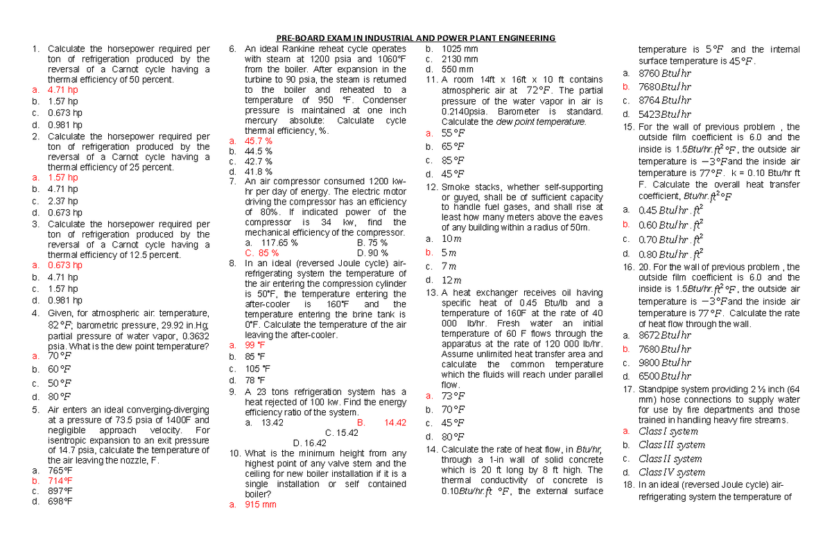 Pre-Board Exam in IND. & POWER PLANT ENGR. (IPPE 101) - Studocu