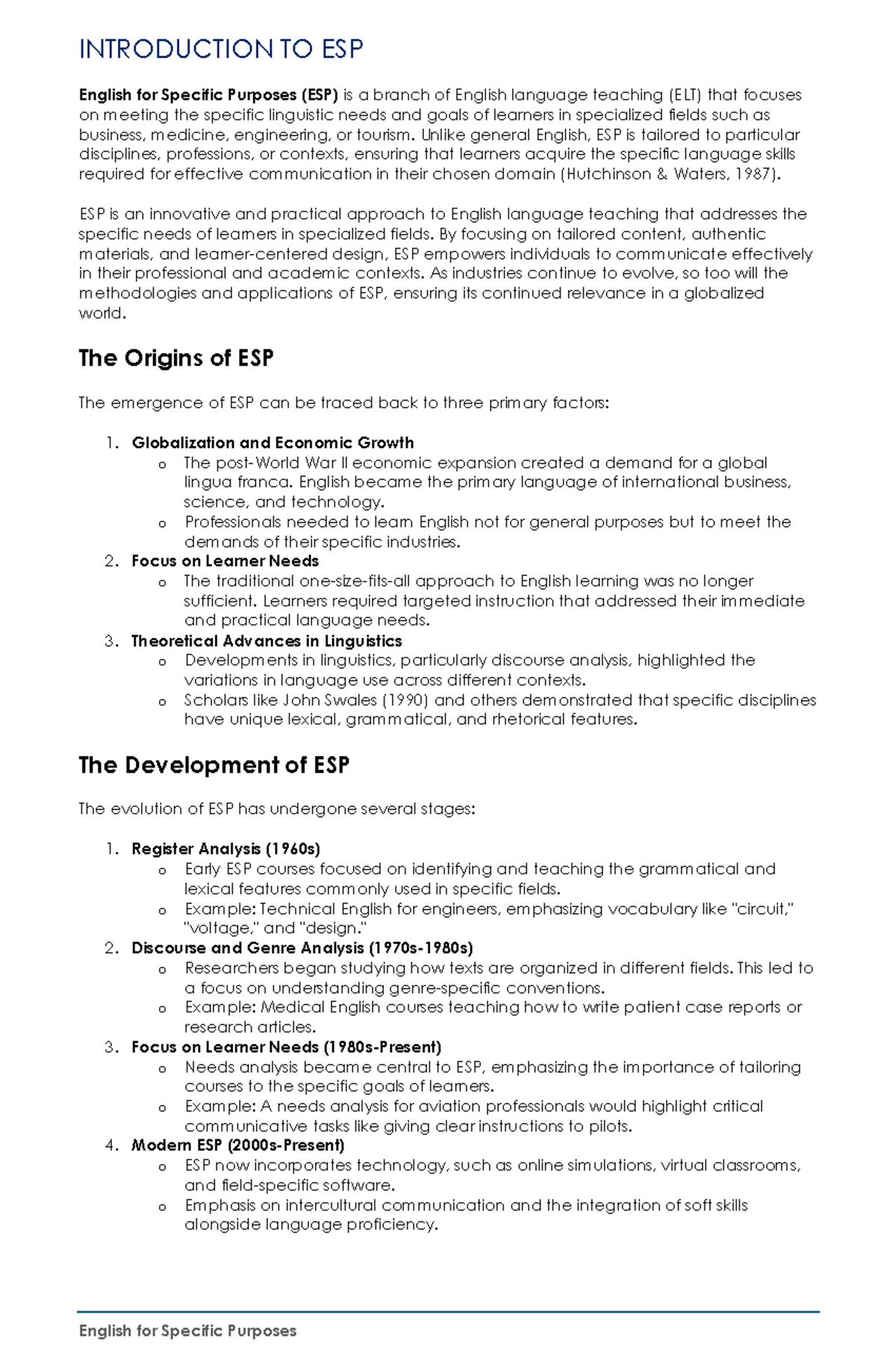ESP 101: Introduction to English for Specific Purposes - Studocu