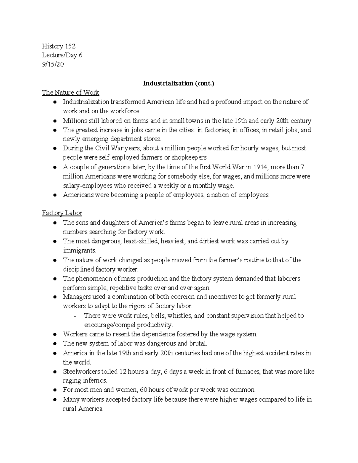 History 152 Lecture: Industrialization's Impact on Work - Sept 15 - Studocu