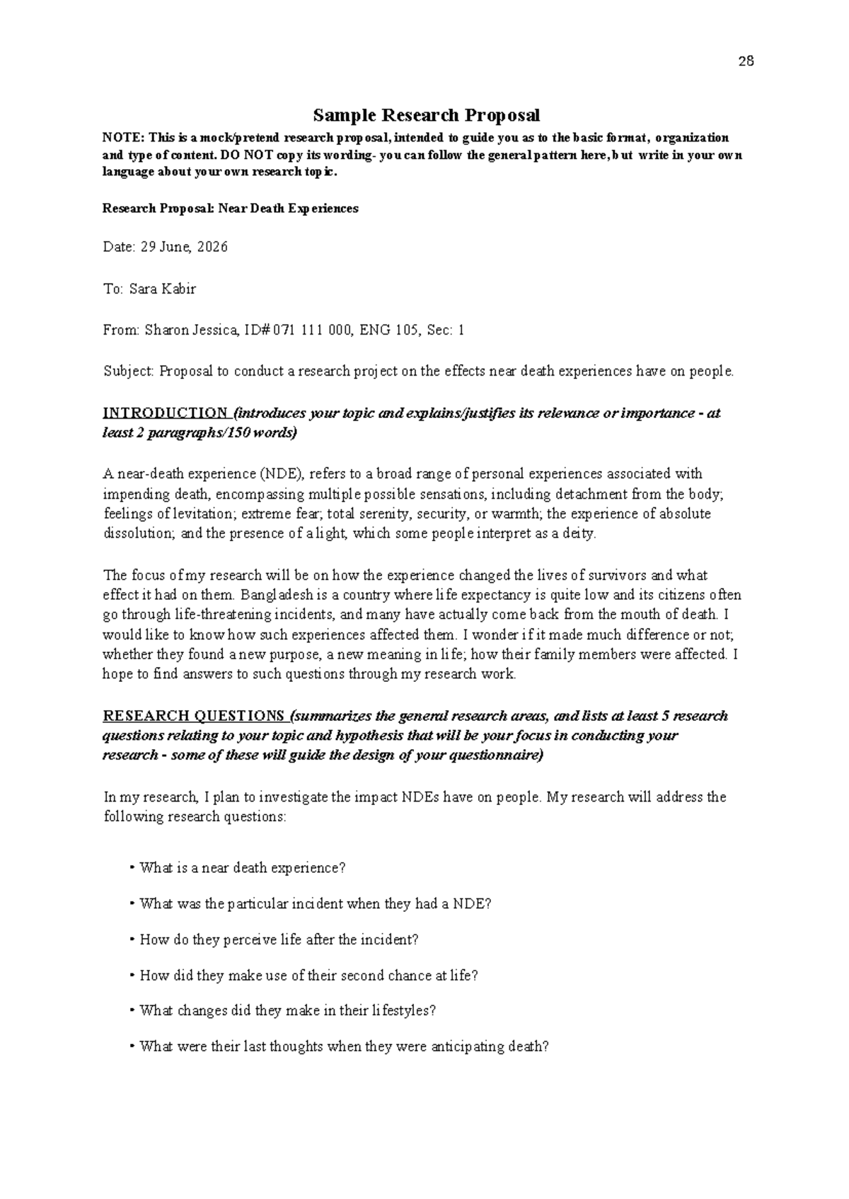 ENG 105 Research Proposal: Impact of Near Death Experiences - Studocu