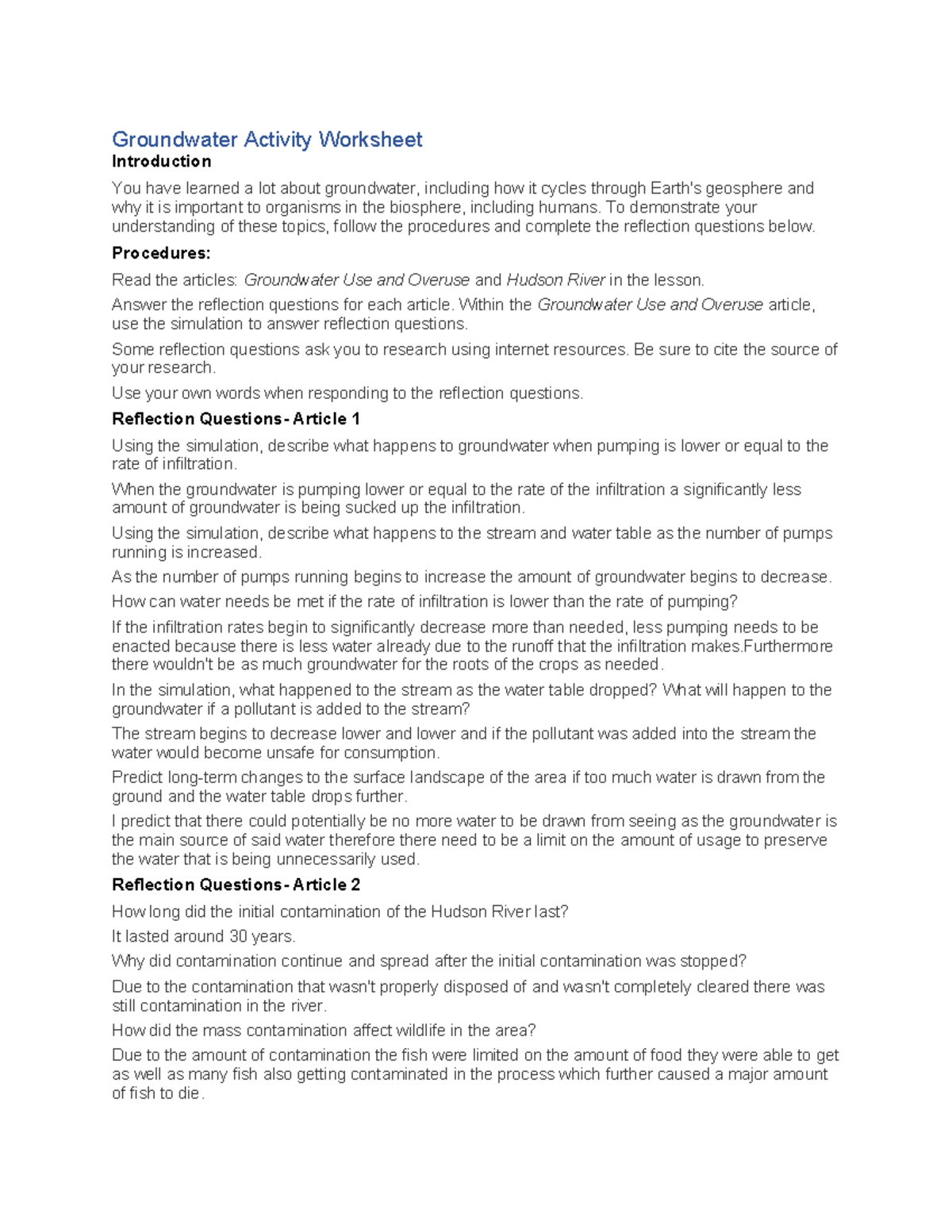 Groundwater Activity Worksheet - Groundwater Activity Worksheet ...