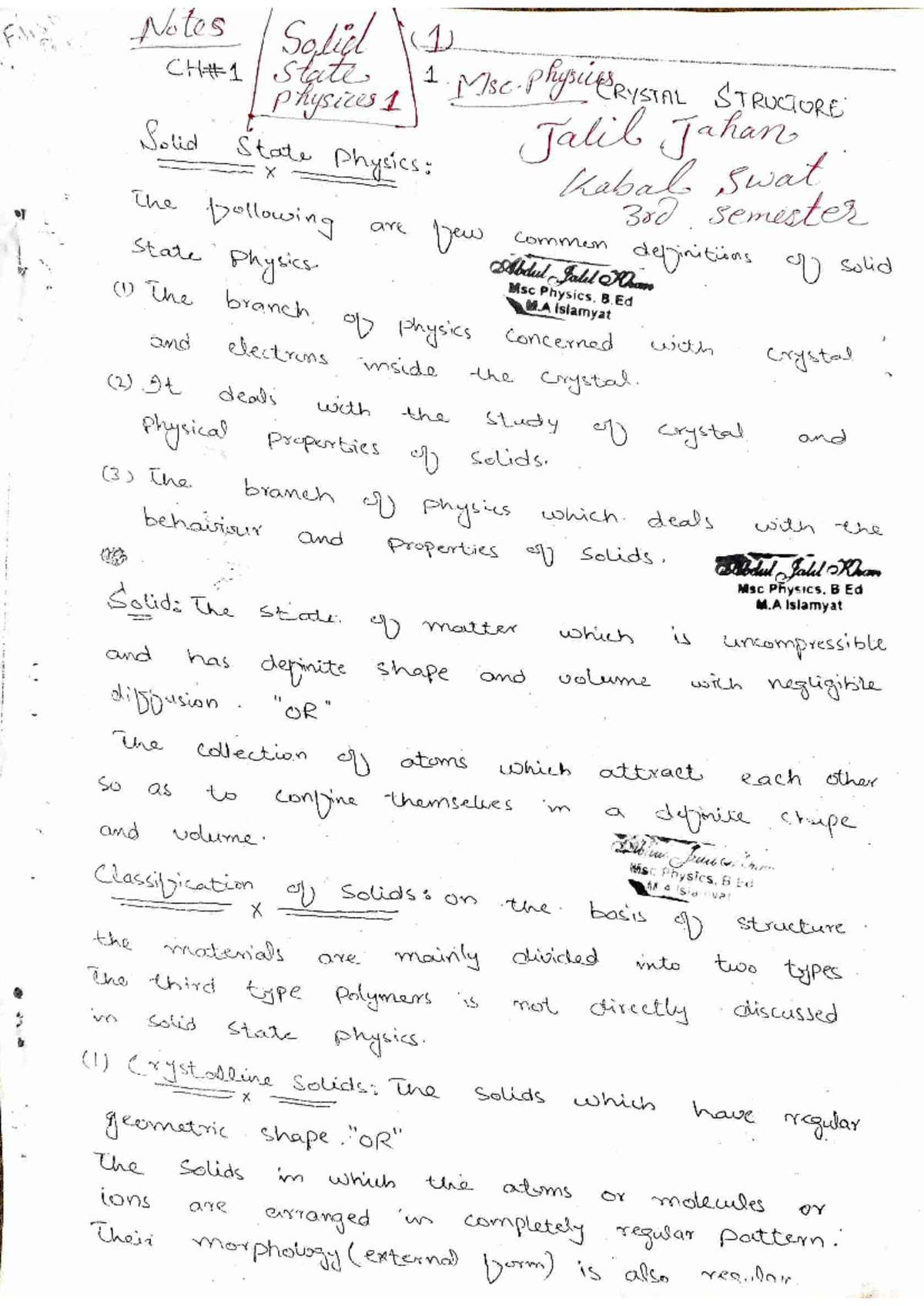 Solid State Physics Notes (MSc, 3rd Semester) - Crystal Structure ...