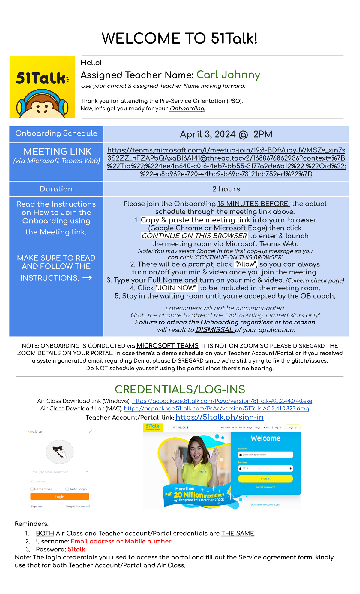 51Talk Onboarding Reminders and Meeting Instructions for New Teachers ...