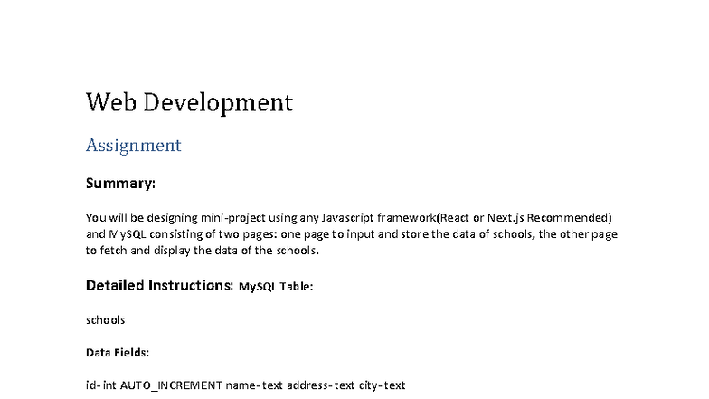 Web Development Assignment (1): JS Framework & MySQL Project - Studocu