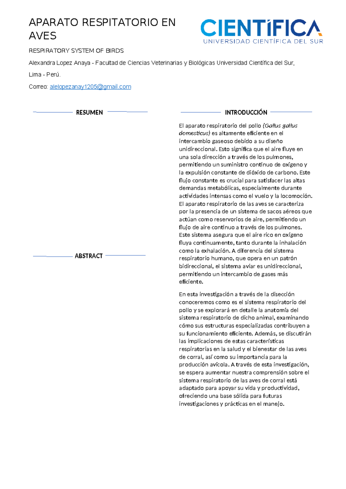APARATO RESPIRATORIO DEL POLLO: ESTUDIO Y DISECCIÓN - Studocu