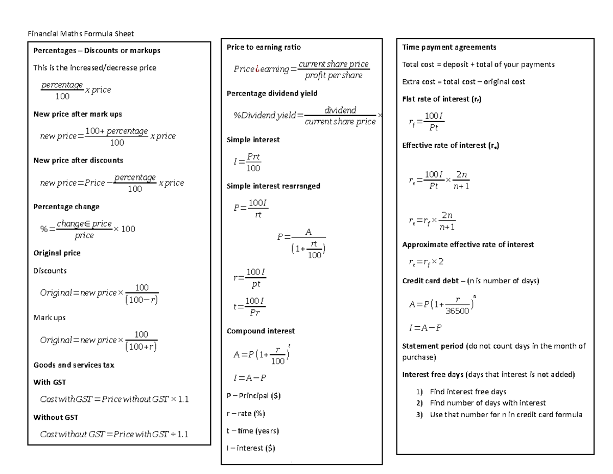 Year 11 Financial Maths Formula sheet - Studocu
