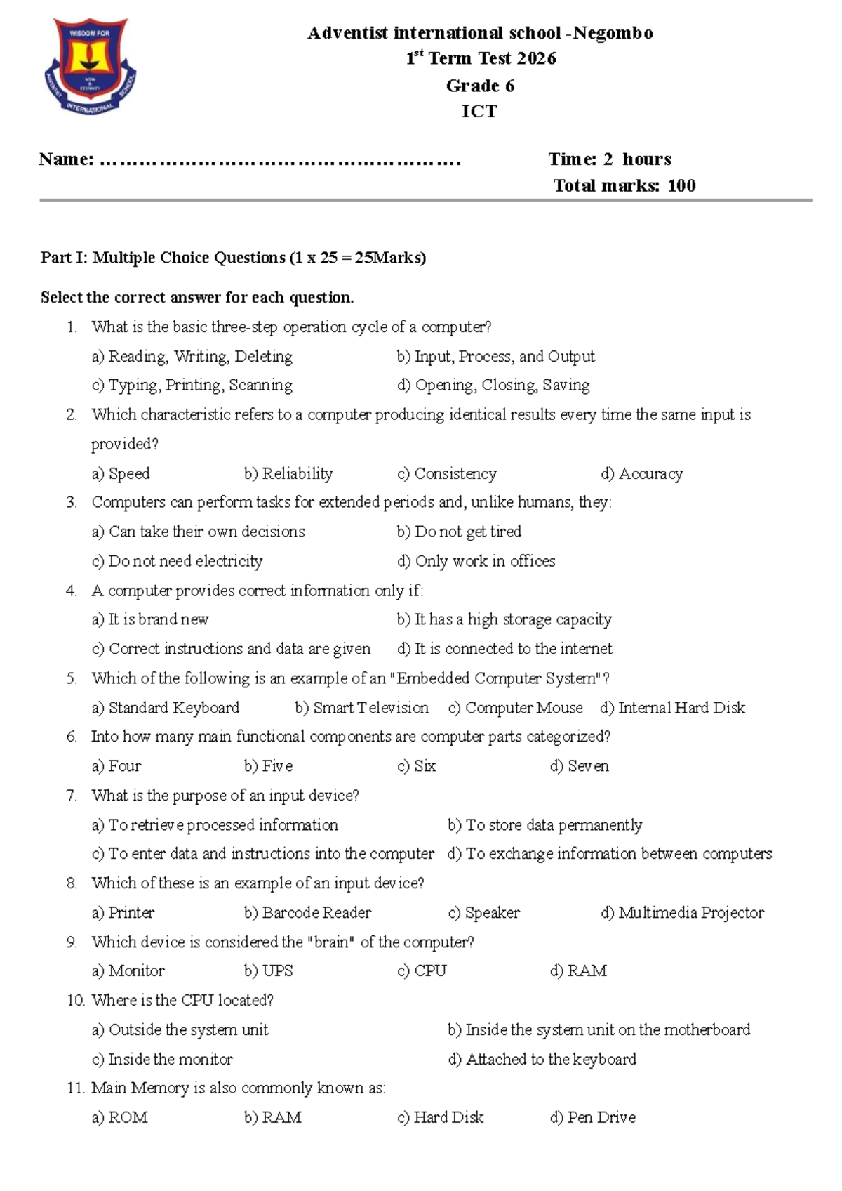 Grade 6 ICT 1st Term Test 2026 - Multiple Choice & Short Answers - Studocu