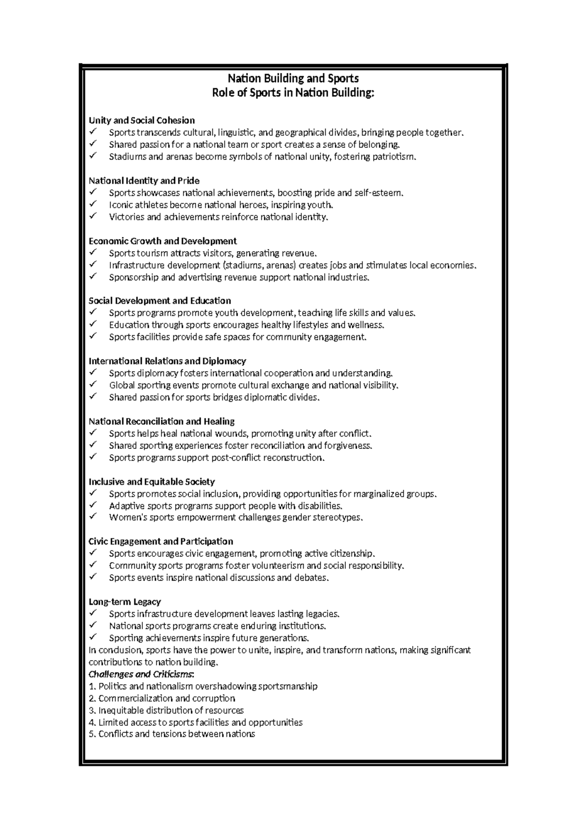 Nation Building - Grade 11 L.O. Notes on Sports' Impact - Studocu