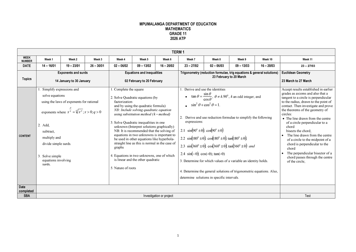 Grade 11 Mathematics ATP 2026: Term 1 & 2 Notes - Studocu