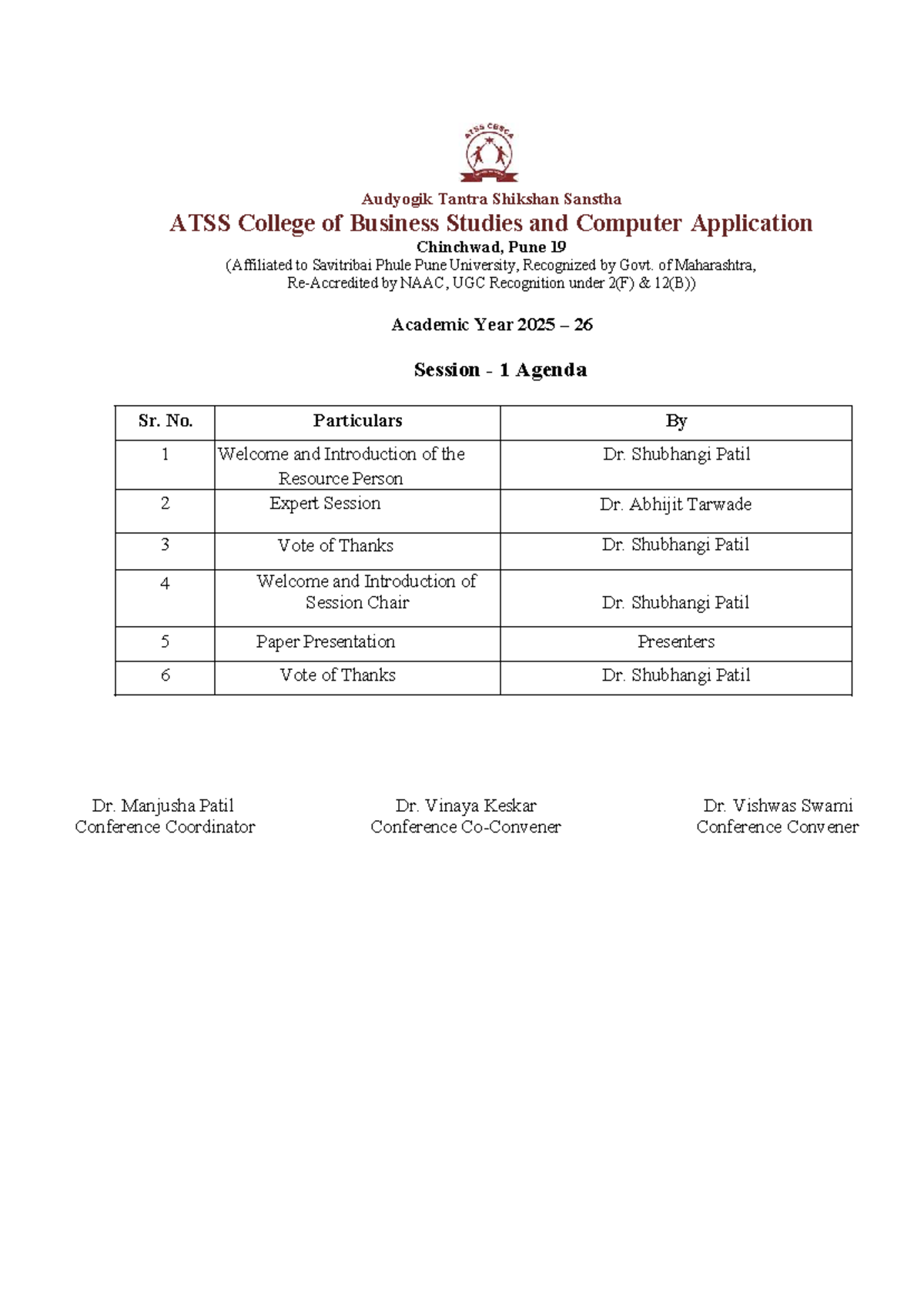Session Agenda for ATSS College of Business Studies 2025-26 - Studocu