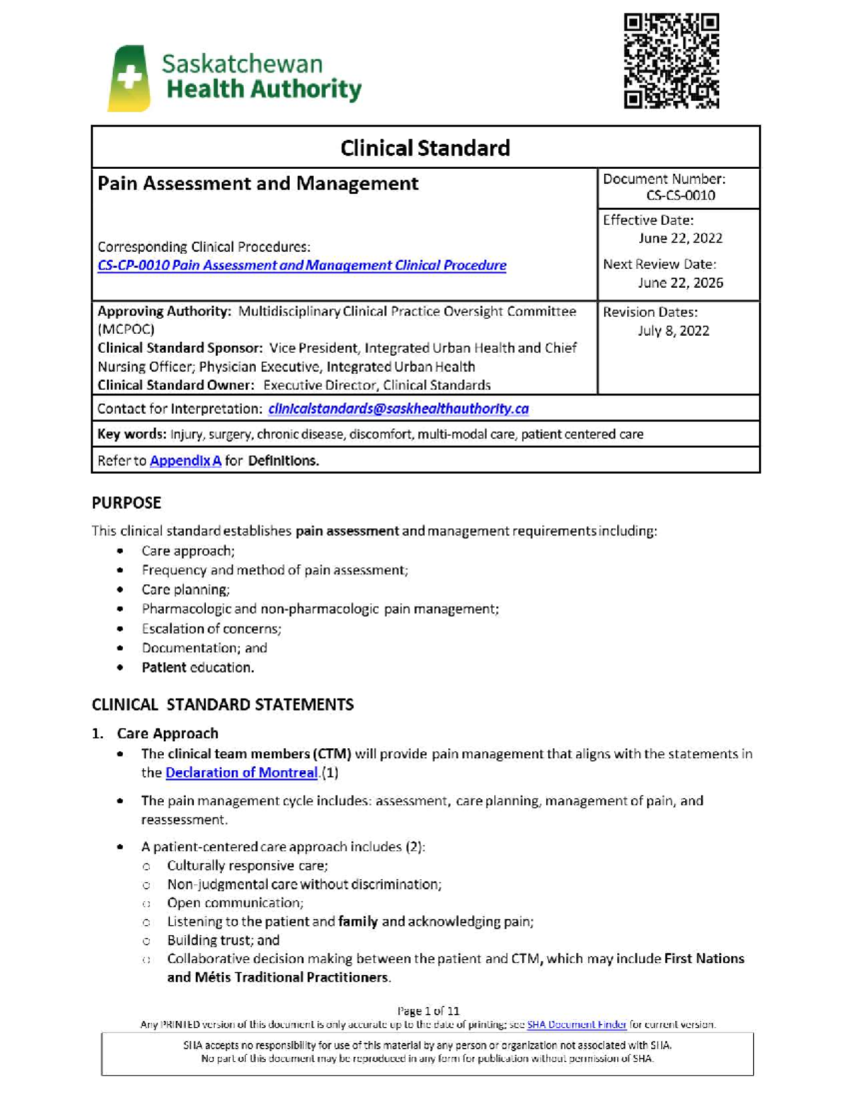 SHA Clinical Standard: Pain Assessment and Management Guidelines - Studocu