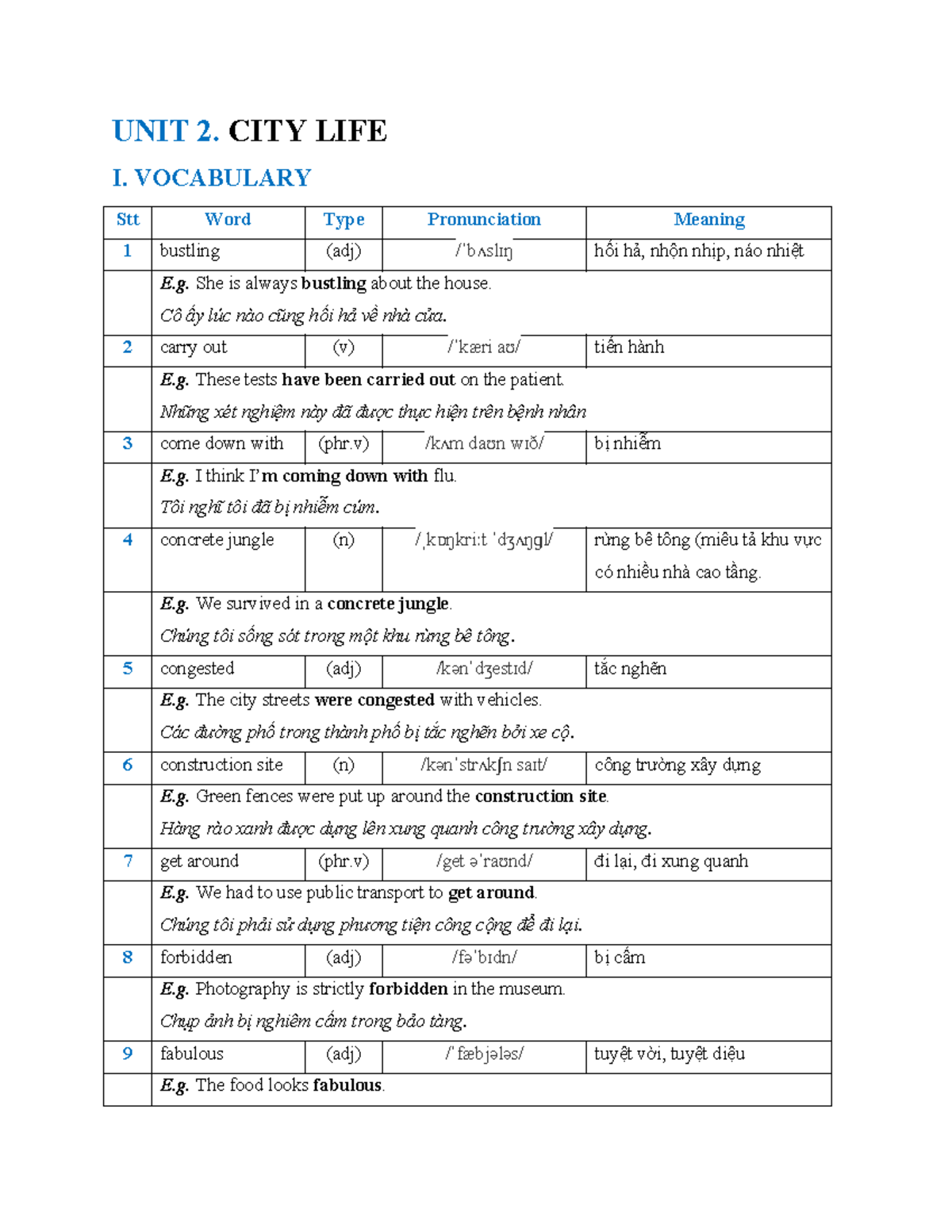 UNIT 2. CITY LIFE - VOCABULARY & GRAMMAR NOTES - Studocu
