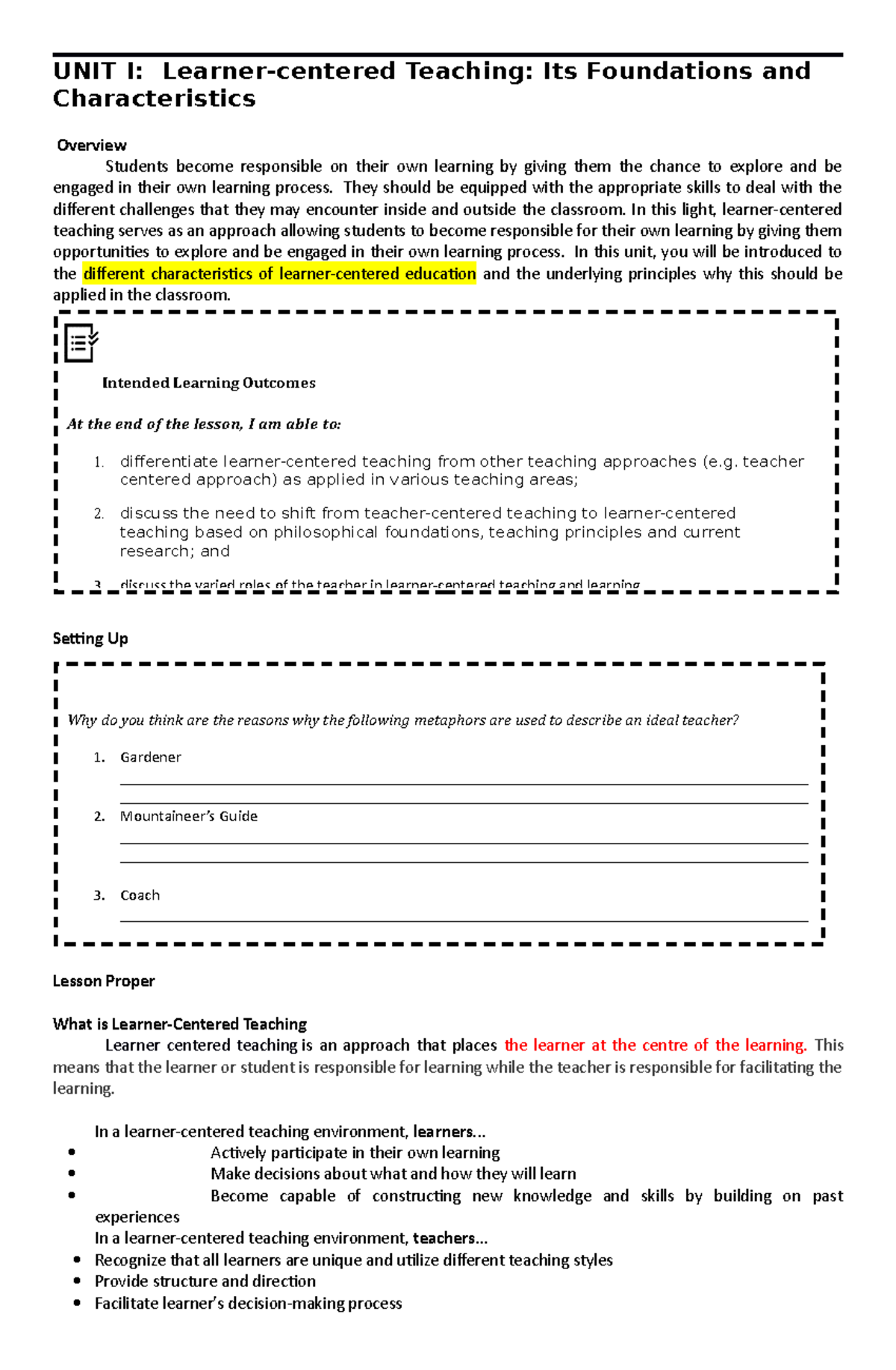 PROF ED 3 UNIT 1: Foundations of Learner-Centered Teaching - Studocu