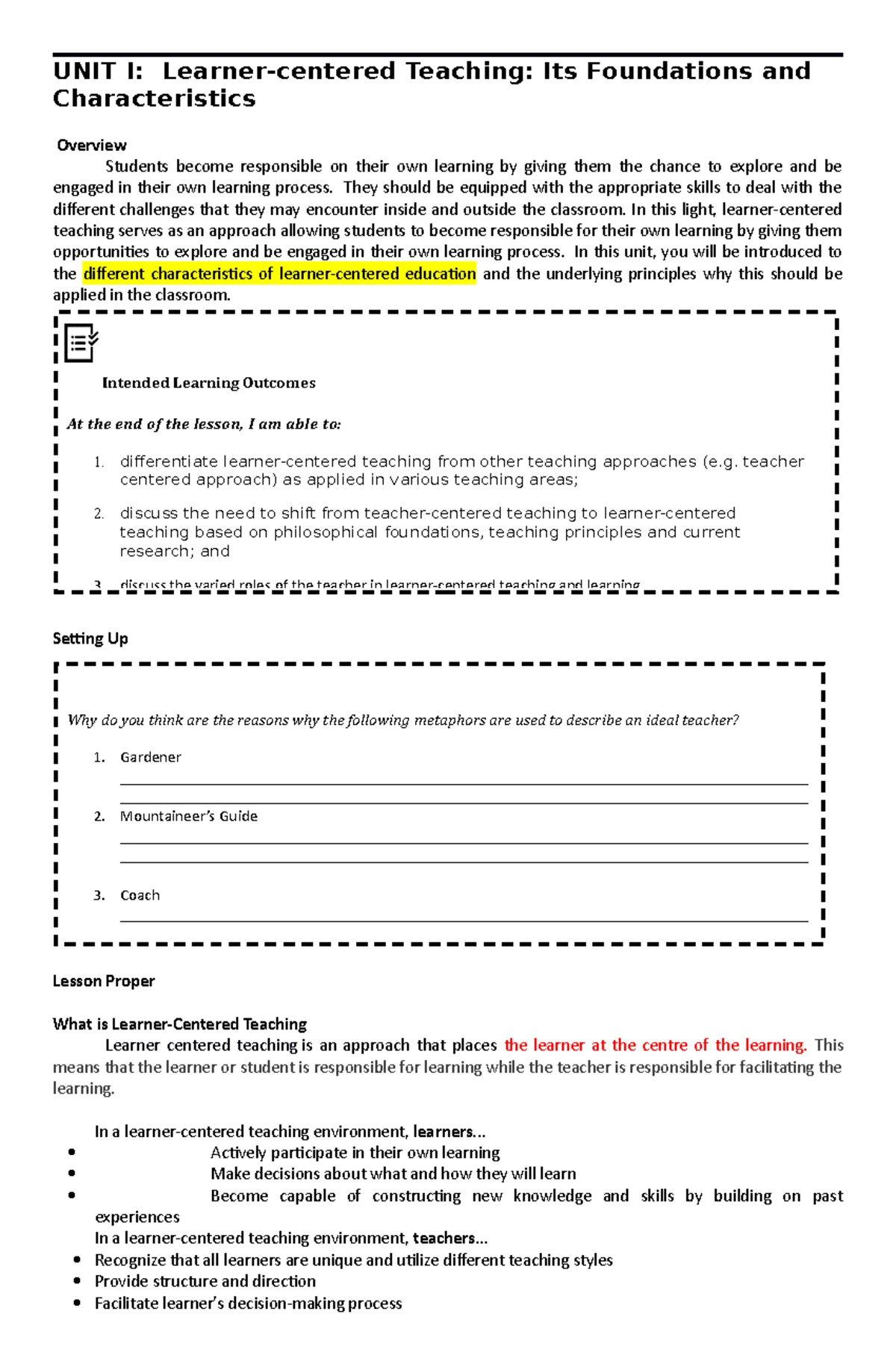 PROF ED 3 UNIT 1 - Learner-centered Teaching: Its Foundations and Characteristics - UNIT I ...