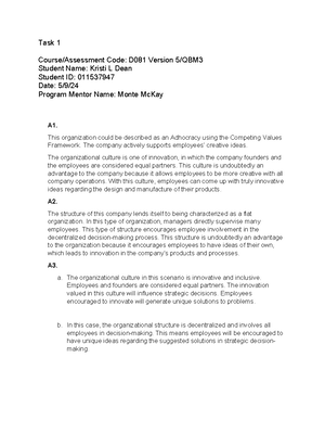 D081 TASK 1 - PASSED - Task 1 Course & Assessment Code: D081 QBM3 ...