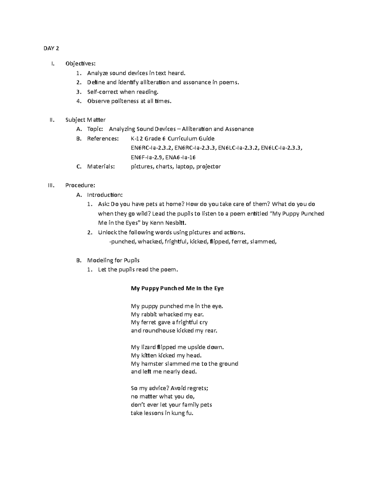 Grade 6 English Lesson Plan: Sound Devices & Poetry Analysis Day 2 ...